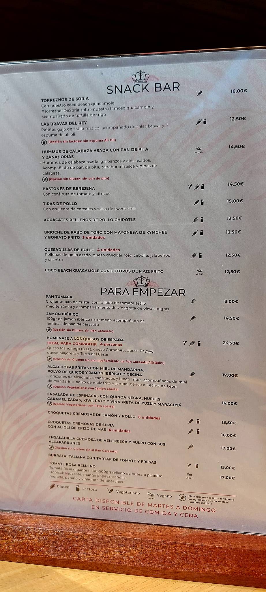 Carta de Café Del Rey, Madrid, P.º del Rey