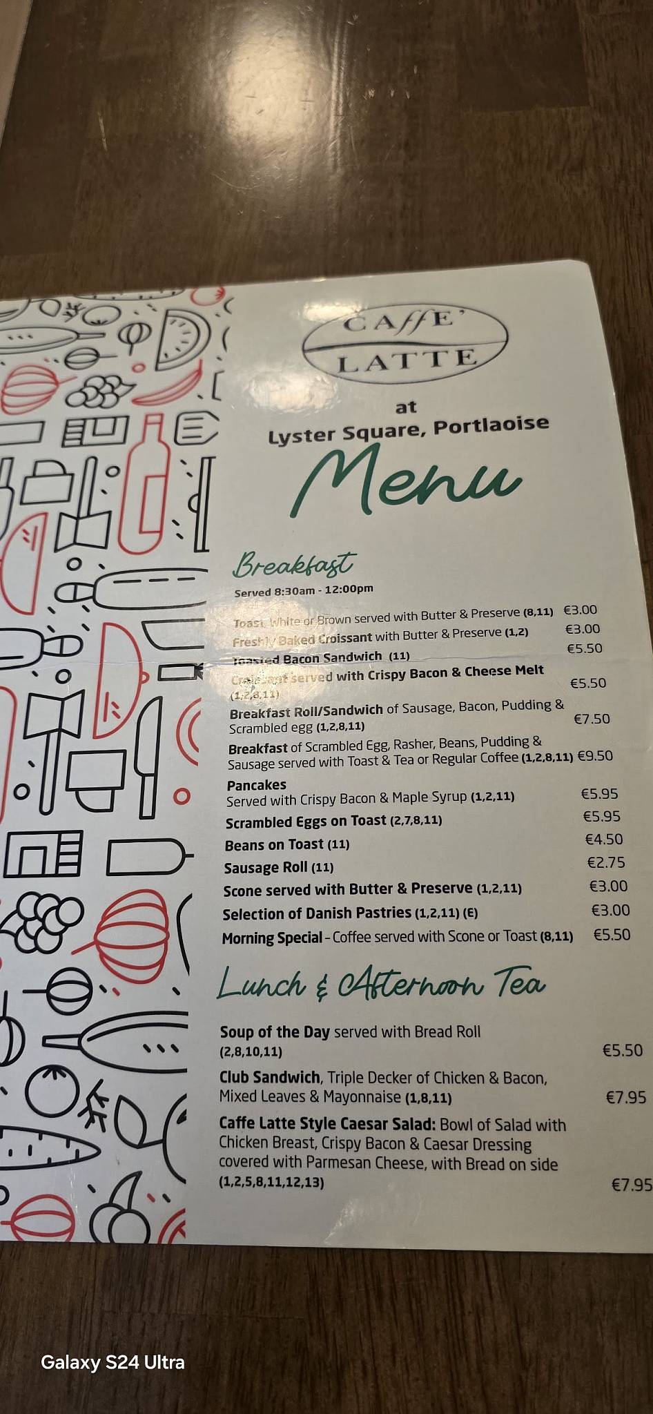 Menu at Caffe Latte cafe, Portlaoise