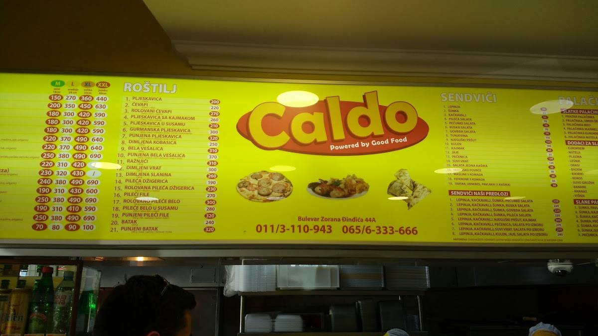 Menu at Caldo restaurant, Belgrade, Bulevar Zorana Đinđića 44a