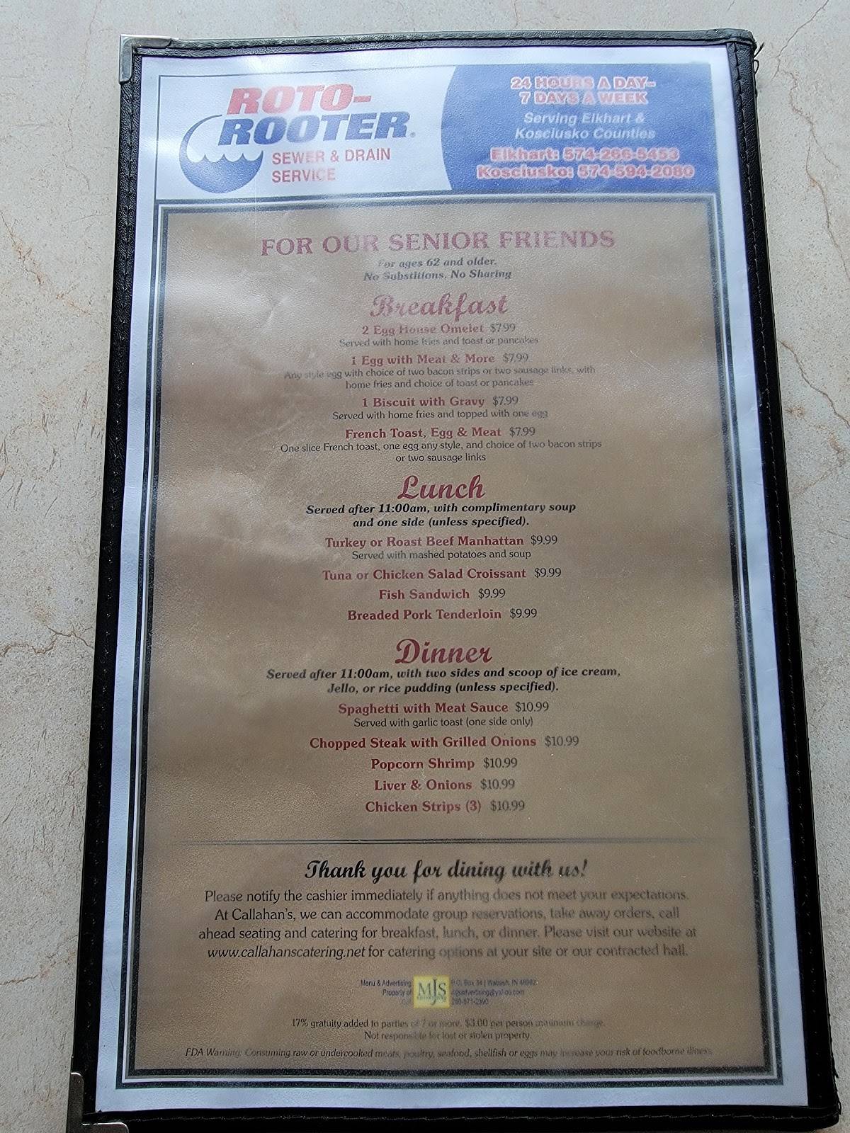 Menu at Callahan's Restaurant, Elkhart