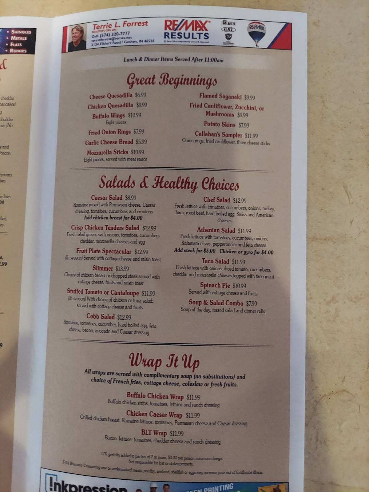 Menu at Callahan's Restaurant, Elkhart