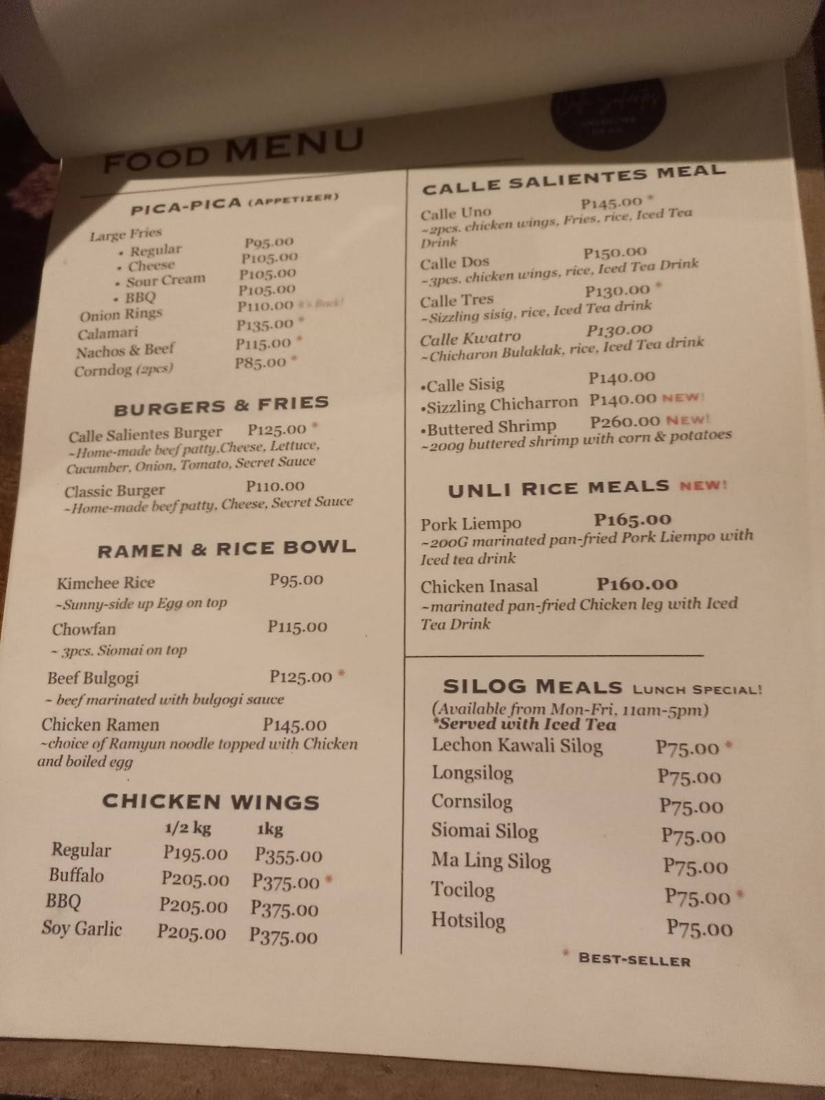 Menu at Calle Salientes Café restaurant, Umingan