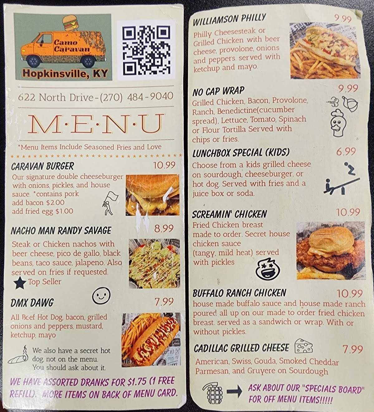Menu at Camo Caravan restaurant, Hopkinsville