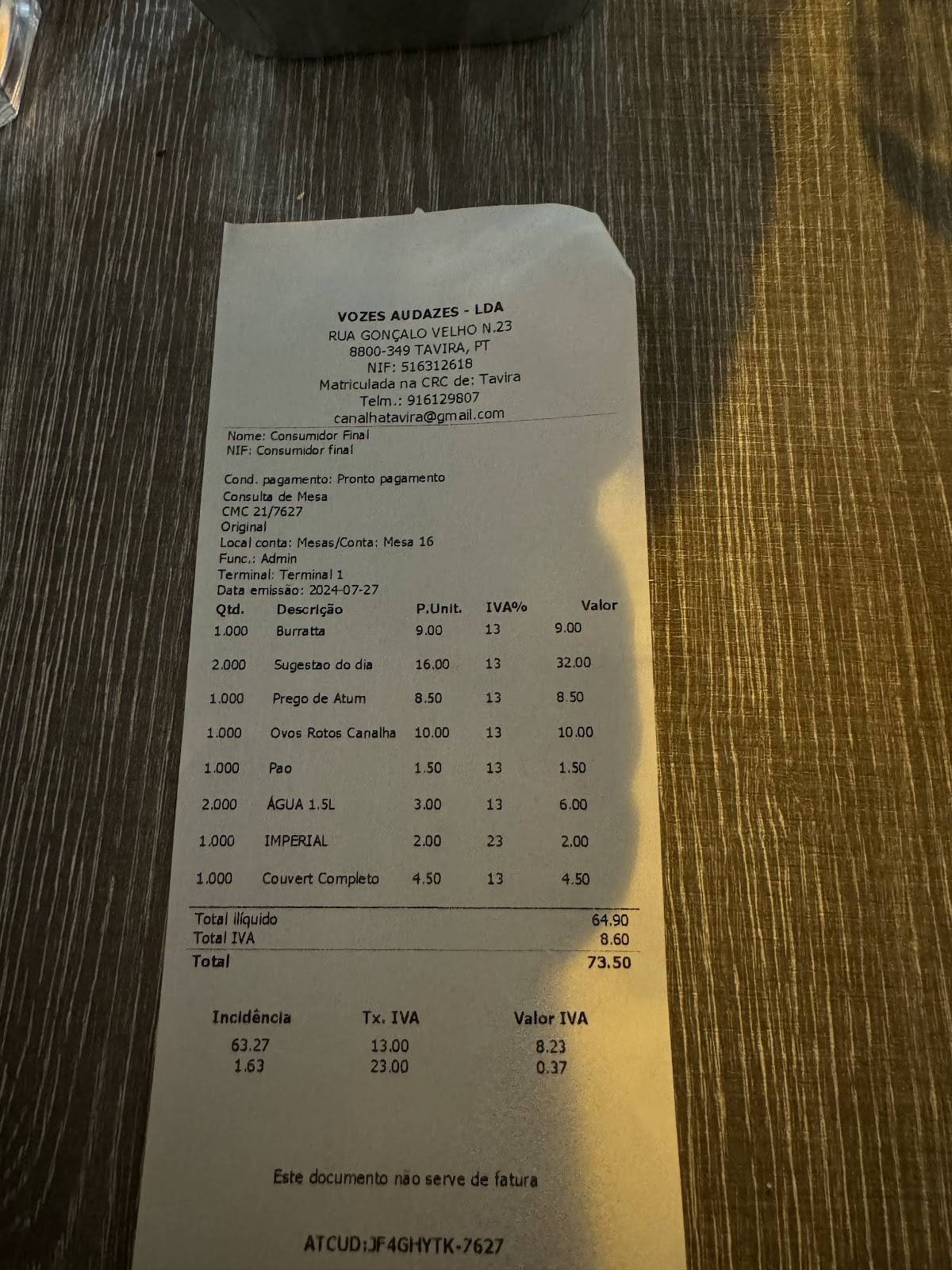 Menu at Canalha Tavira restaurant, Tavira