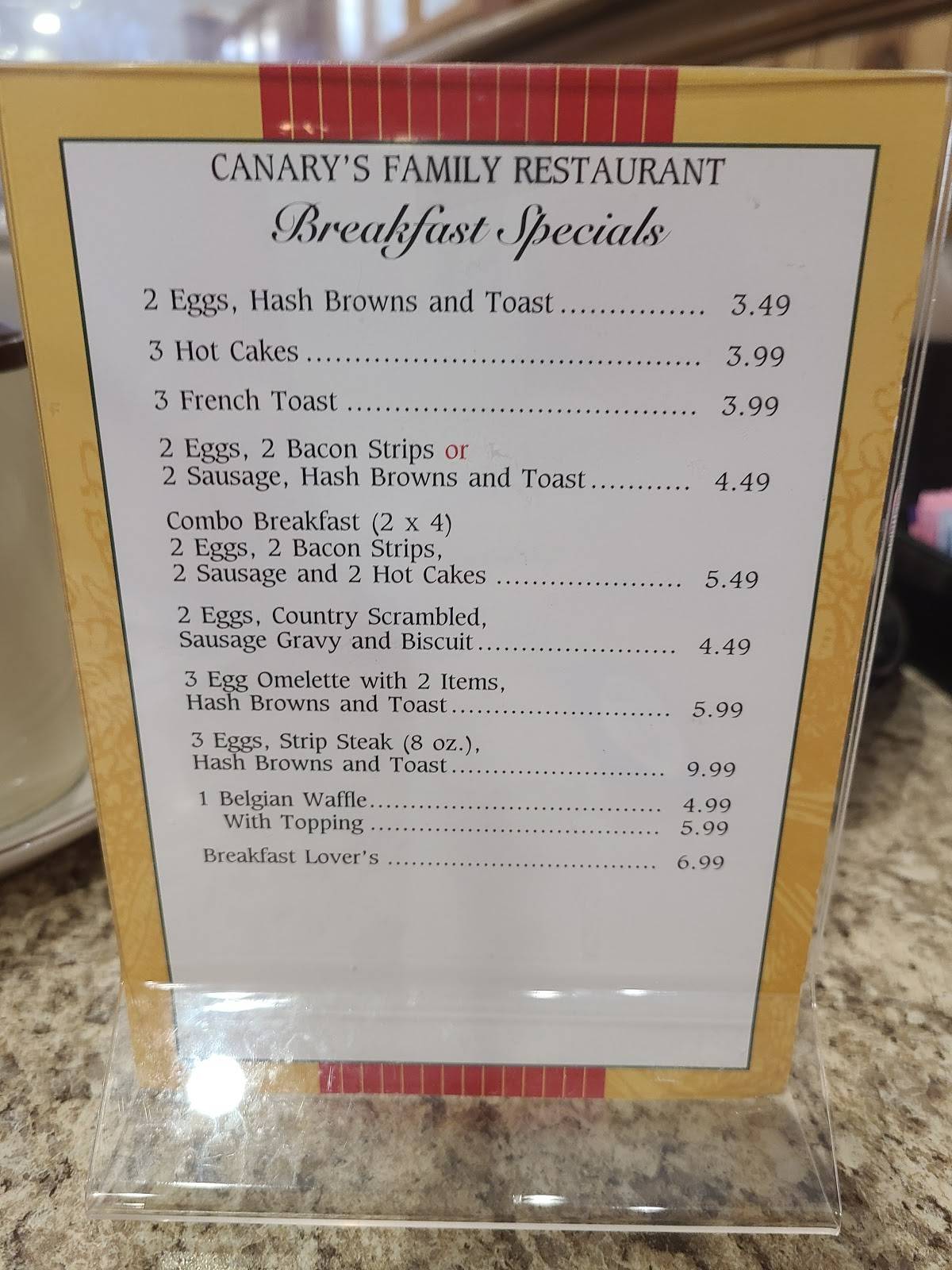 Menu at Canary's Family Restaurant, North Olmsted