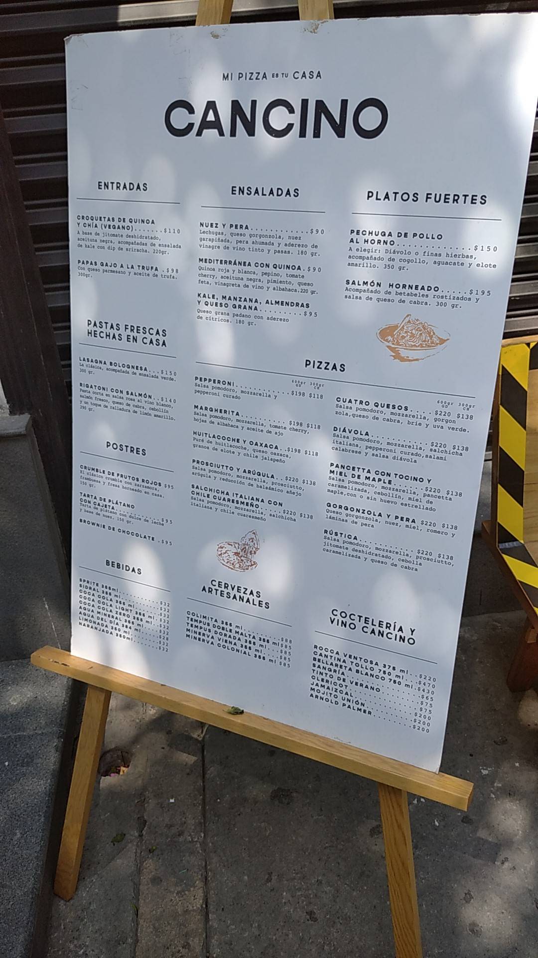 Carta del restaurante Cancino Nápoles, Ciudad del México