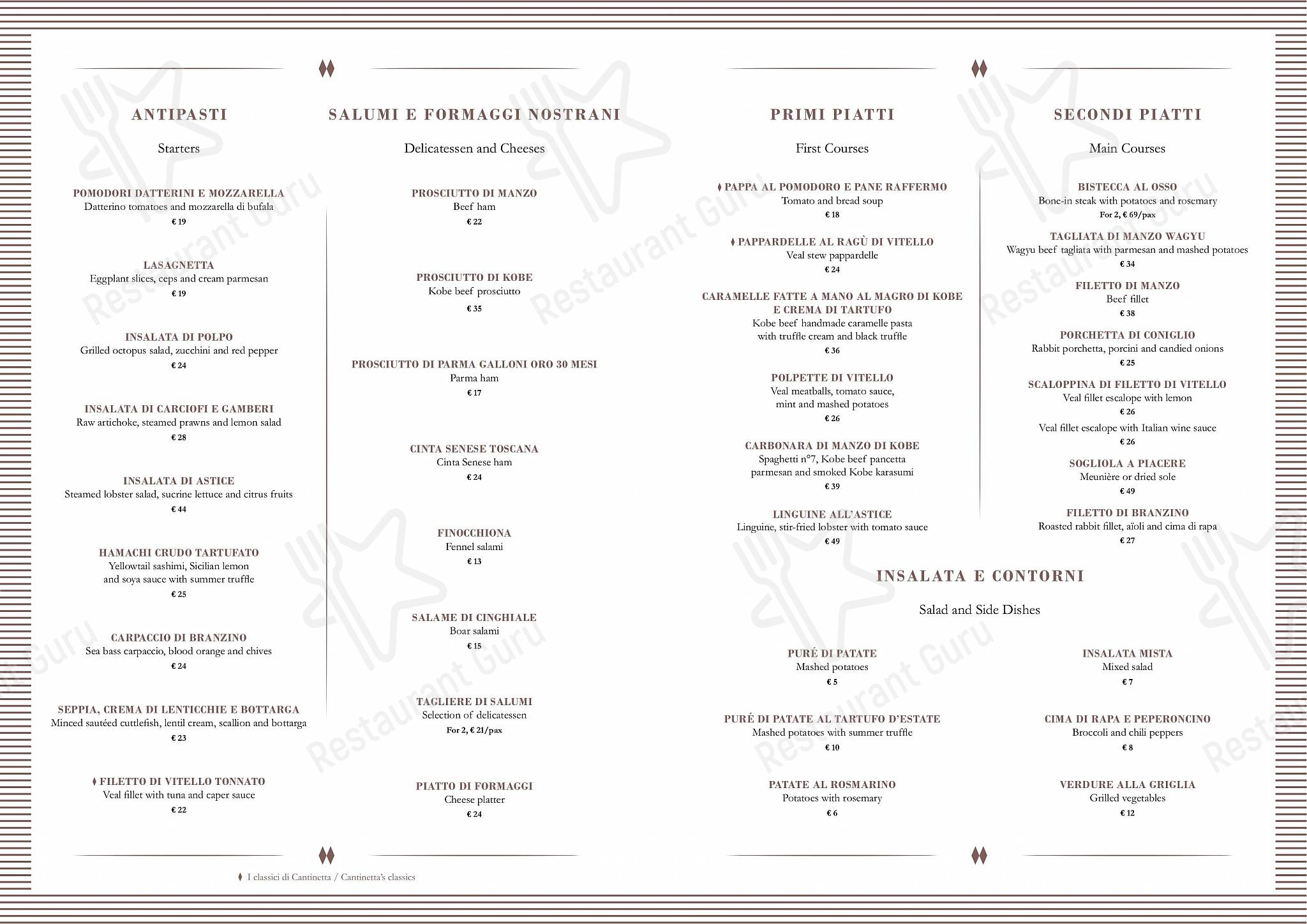 Speisekarte von Cantinetta Antinori restaurant, Monaco-Ville