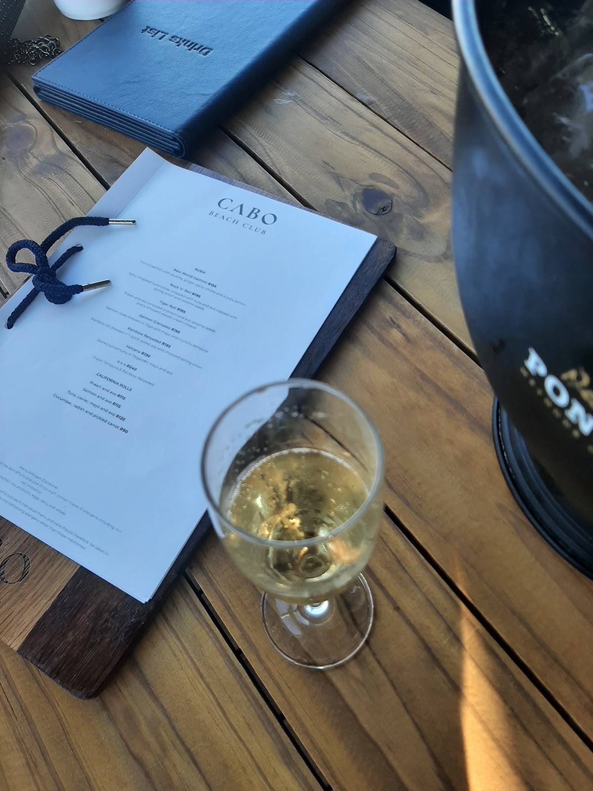 Menu at Cabo Beach restaurant, Cape Town