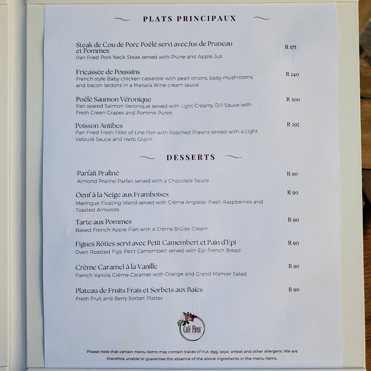 Menu at Café Fleur restaurant, Cape Town