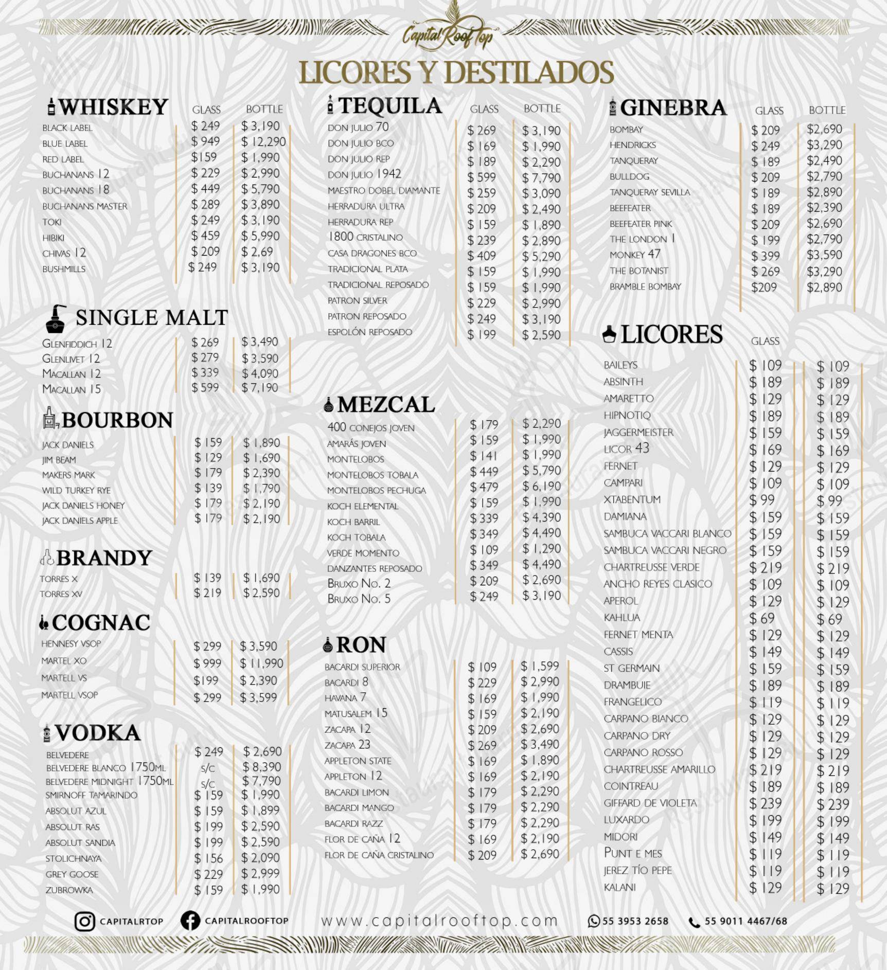 Menu at Capital Roof Top pub & bar, Mexico City