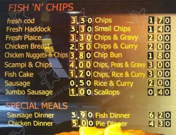 Menu at Captain Cod fast food, Salford, 189 Eccles Old Rd