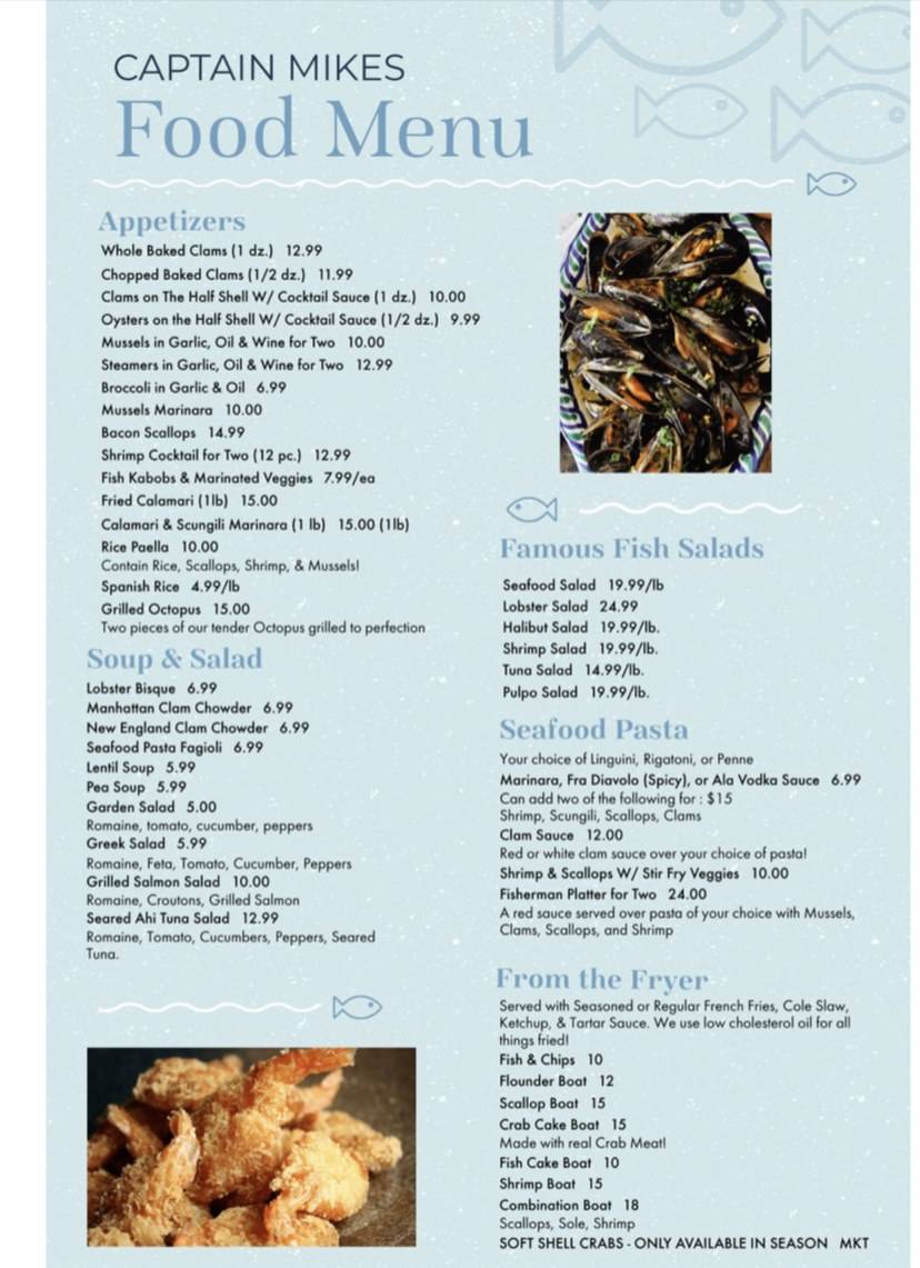 Menu at Captain Mike's restaurant, Oceanside