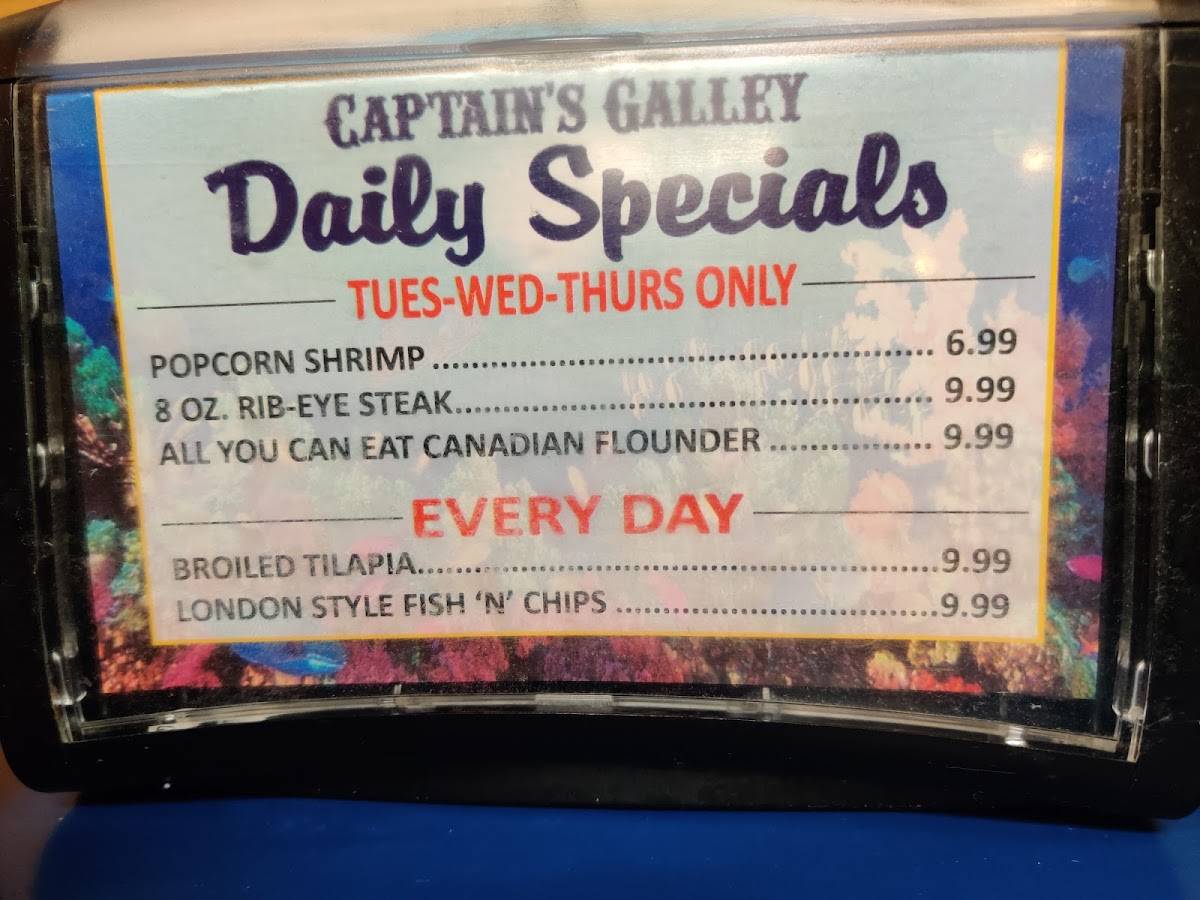 Menu at Captain's Galley Seafood restaurant, Granite Falls, Hickory Blvd