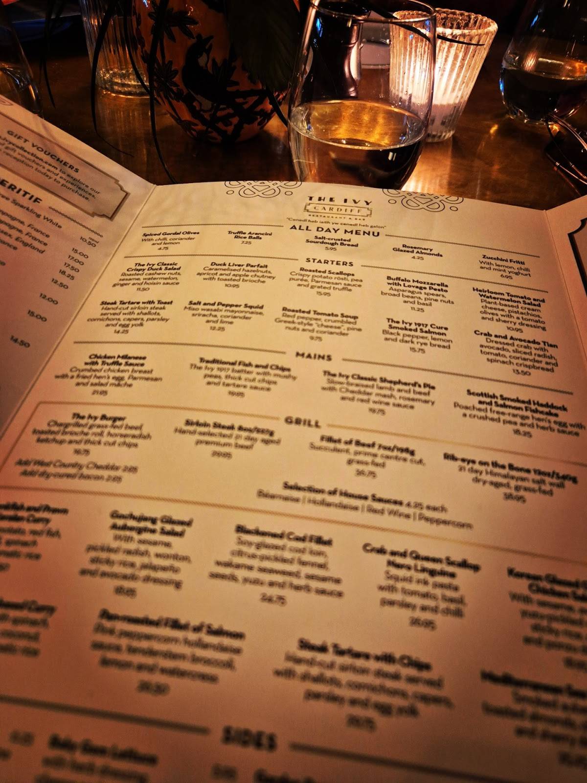 Menu at The Ivy Cardiff restaurant, Cardiff