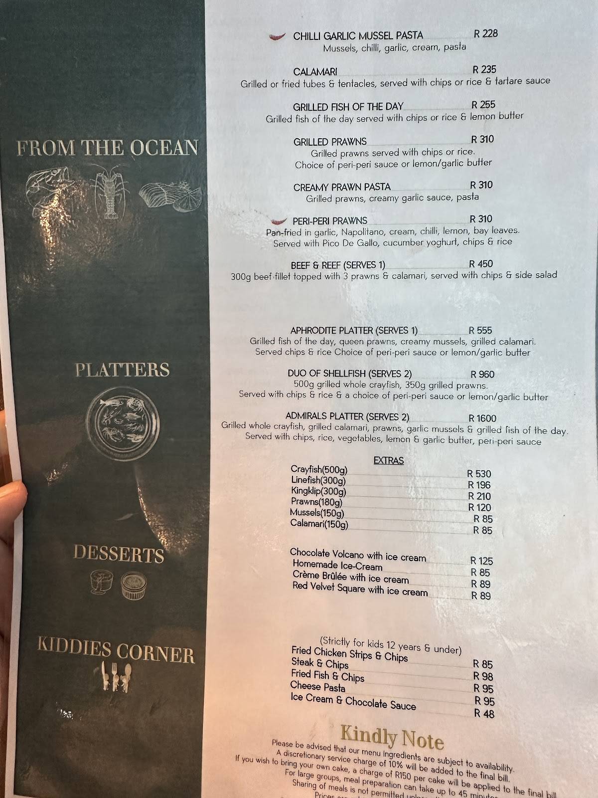 Menu at Cargo Hold Restaurant, Durban