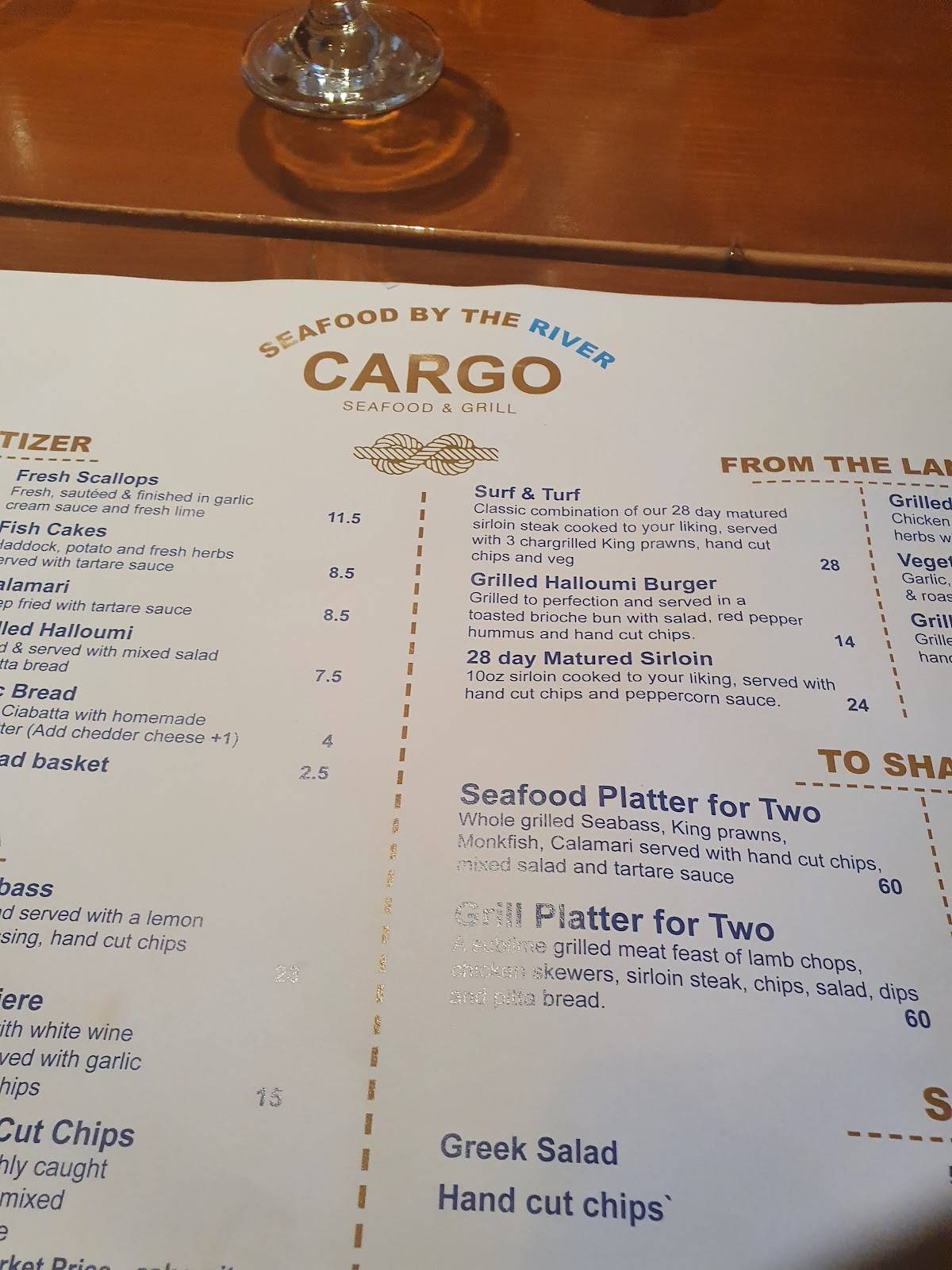 Menu at Cargo Seafood restaurant, Liverpool