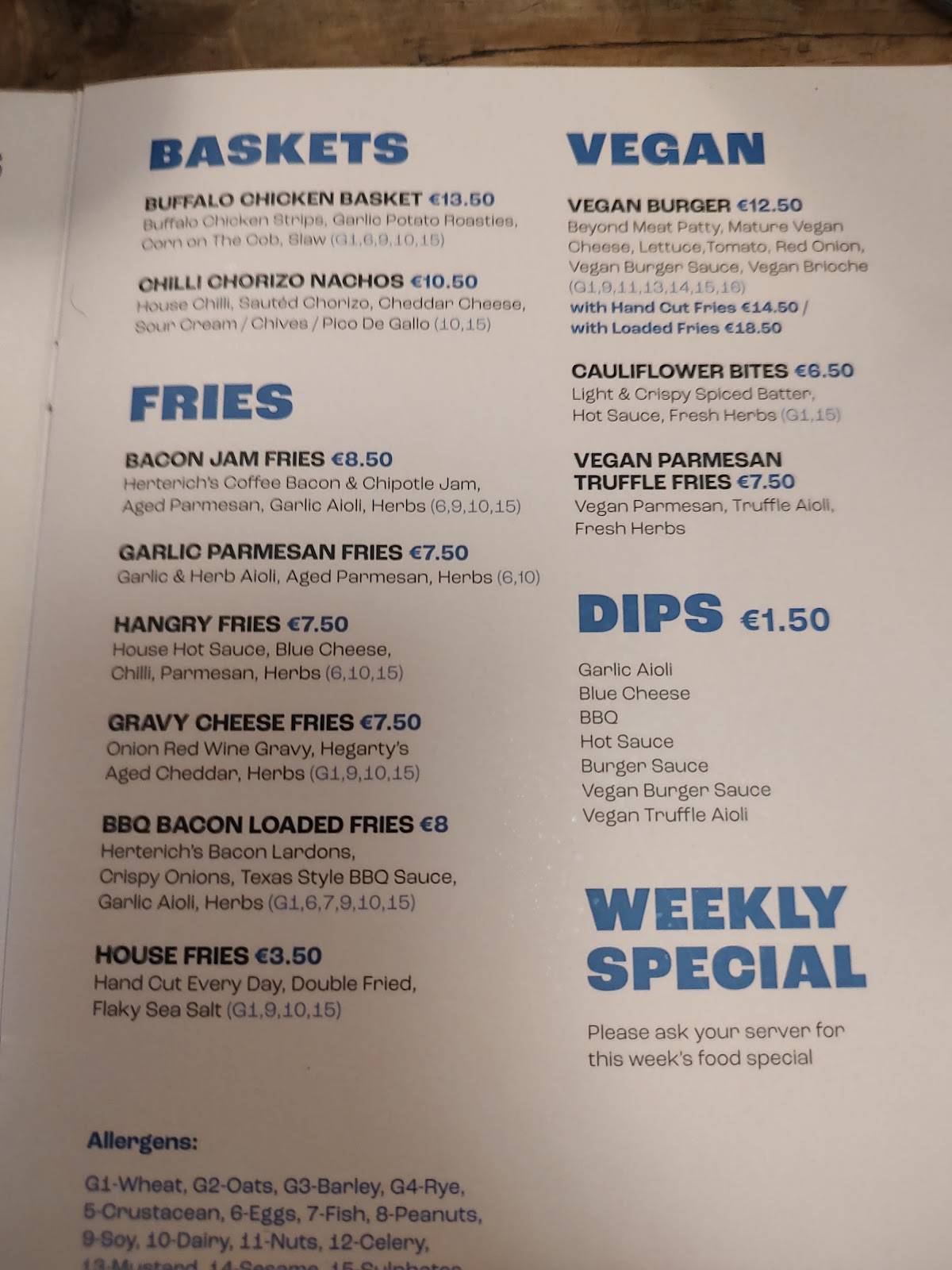 Menu at Caribou pub & bar, Galway