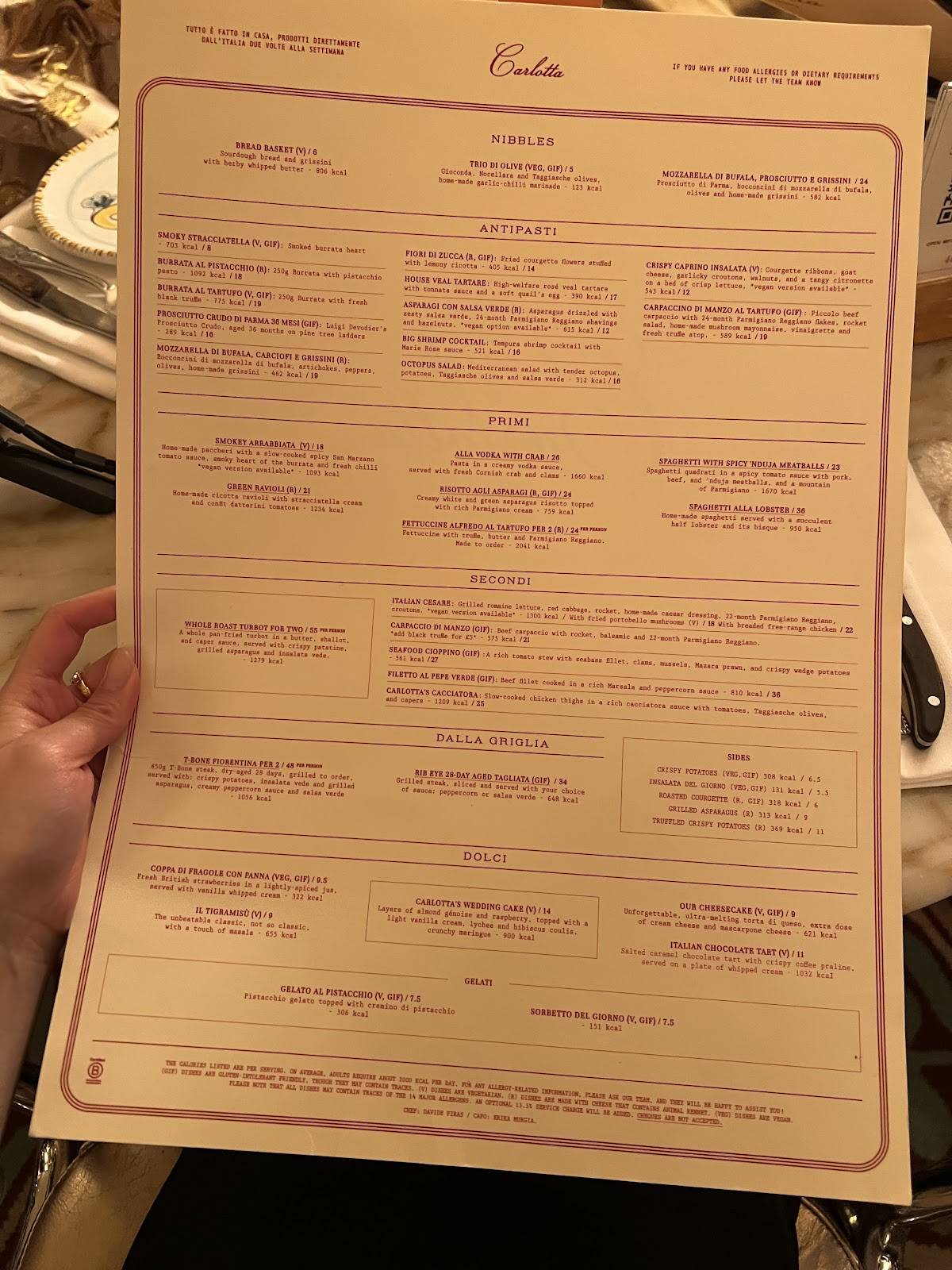 Menu at Carlotta restaurant, London