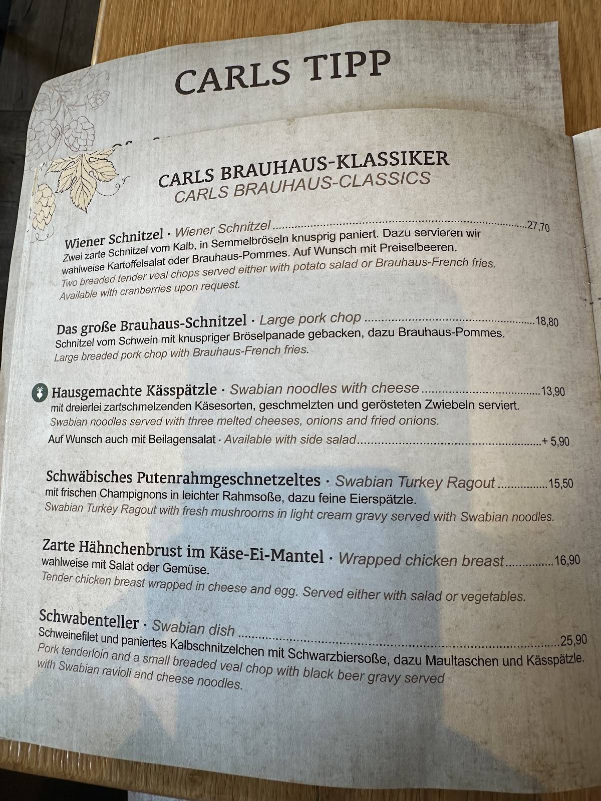 Menu at Carls Brauhaus pub & bar, Stuttgart