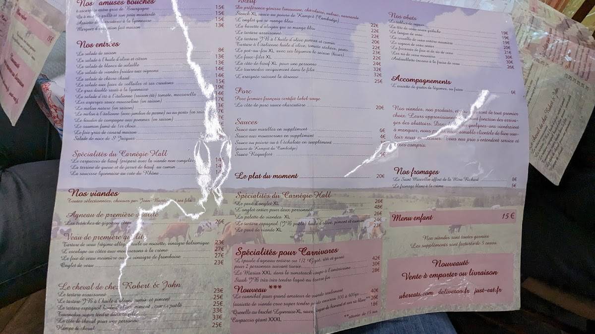 Menu au Carnegie Hall restaurant à viande, Lyon, 253 Rue Marcel Mérieux
