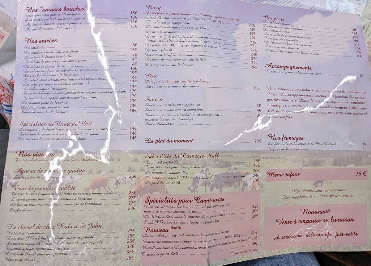 Menu au Carnegie Hall restaurant à viande, Lyon, 253 Rue Marcel Mérieux