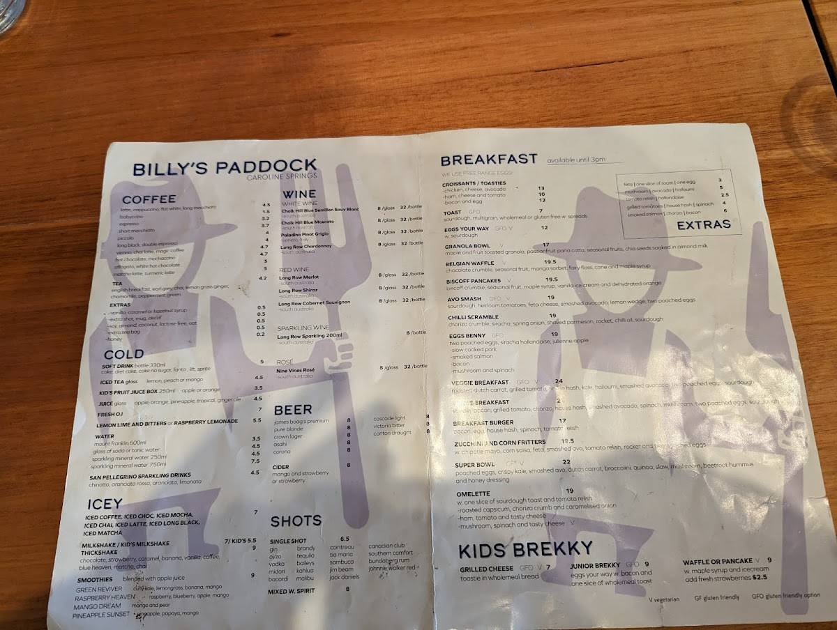 Menu at Billy's Paddock restaurant, Caroline Springs