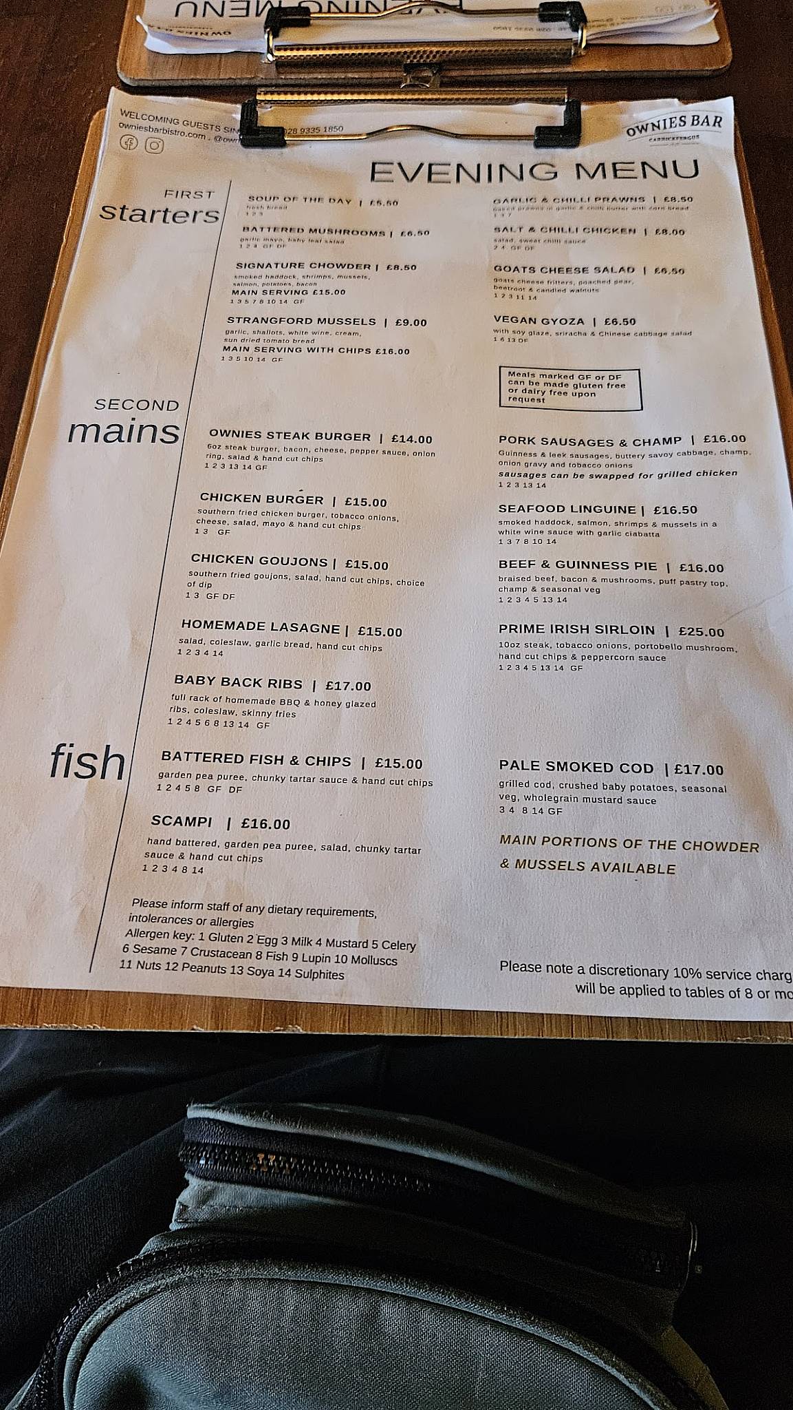 Menu at Ownies Bar and Bistro, Carrickfergus