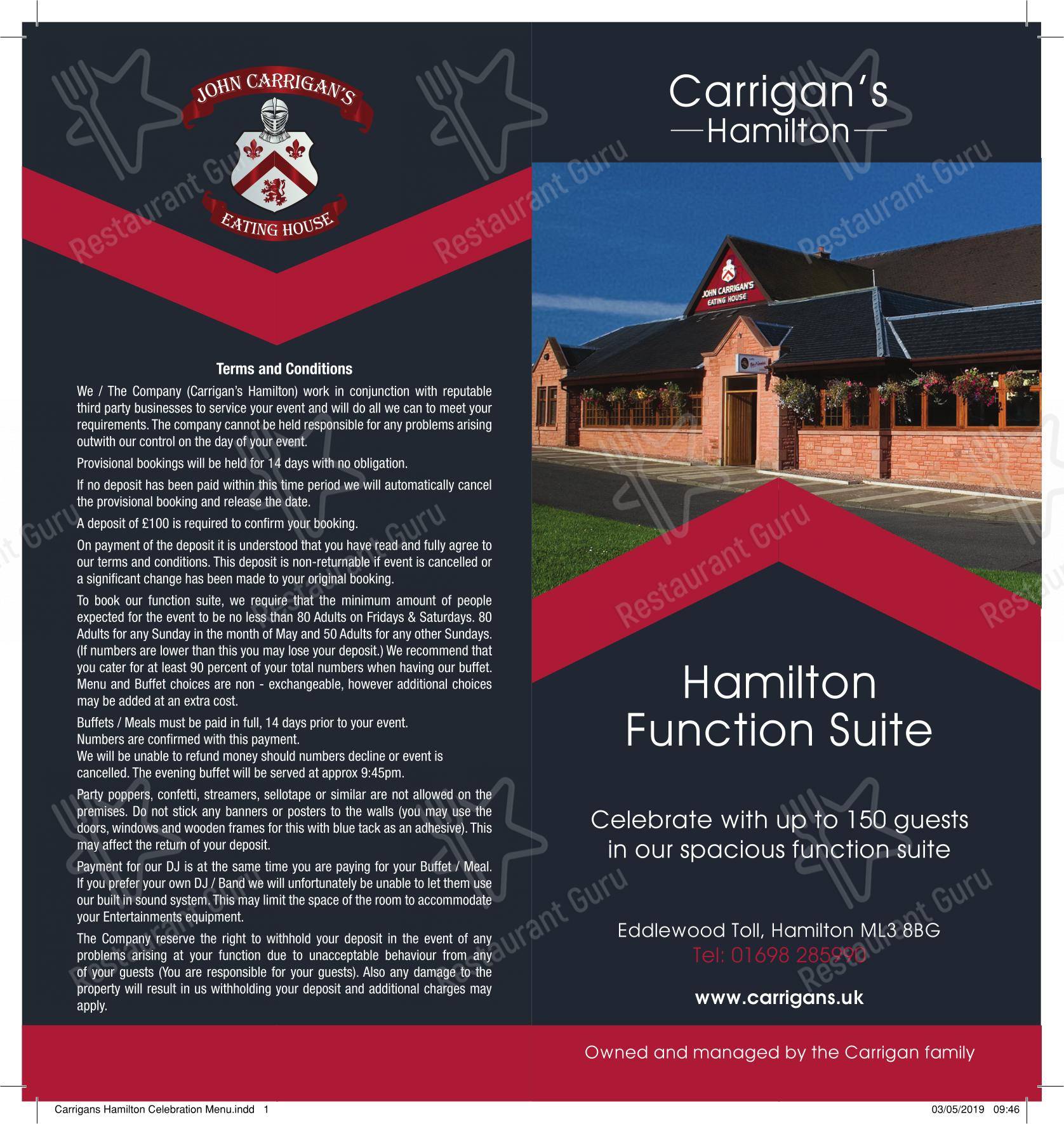 Menu at Carrigan's Hamilton restaurant, Hamilton