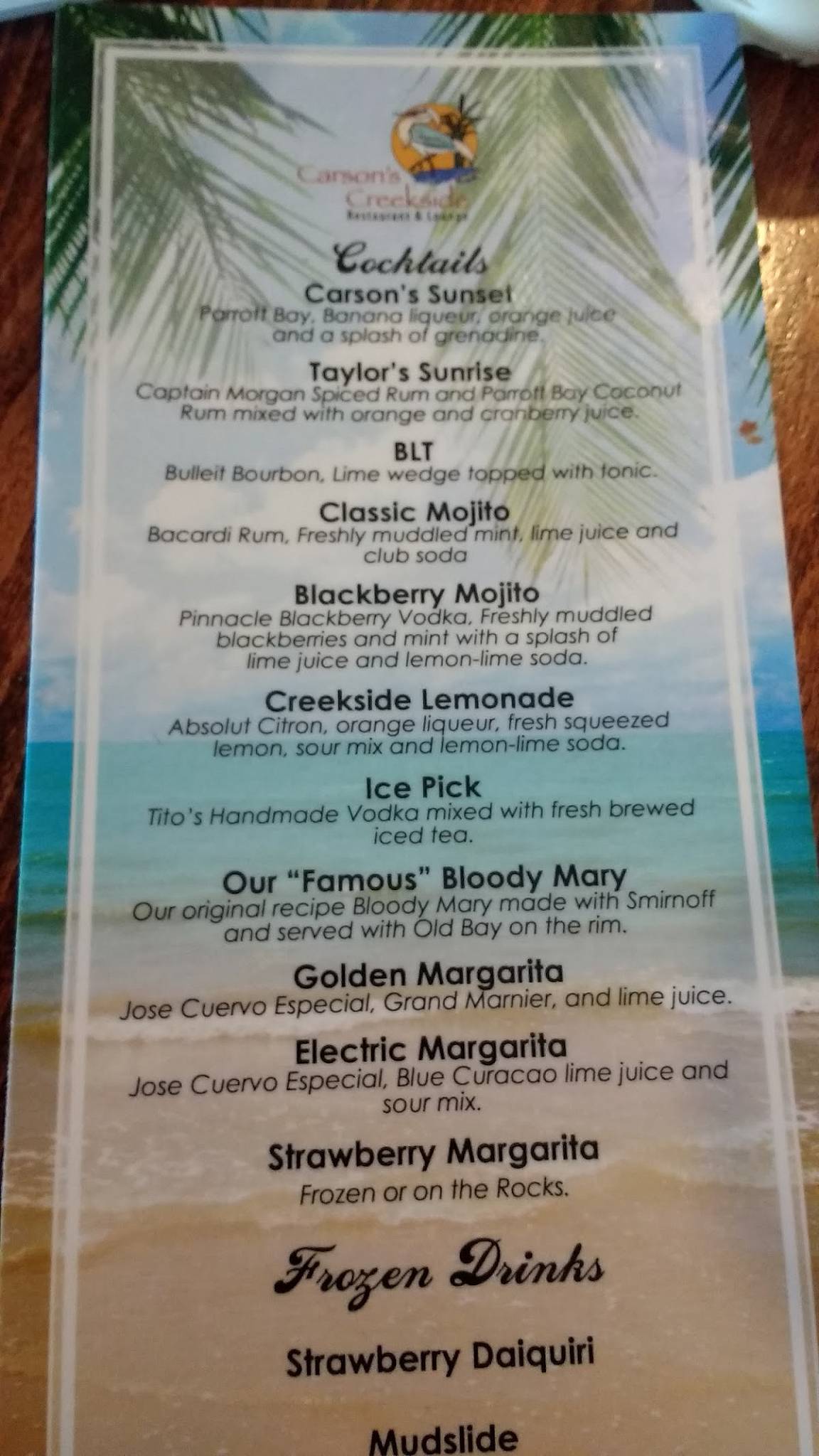 Menu at Carson's Creekside Restaurant, Middle River