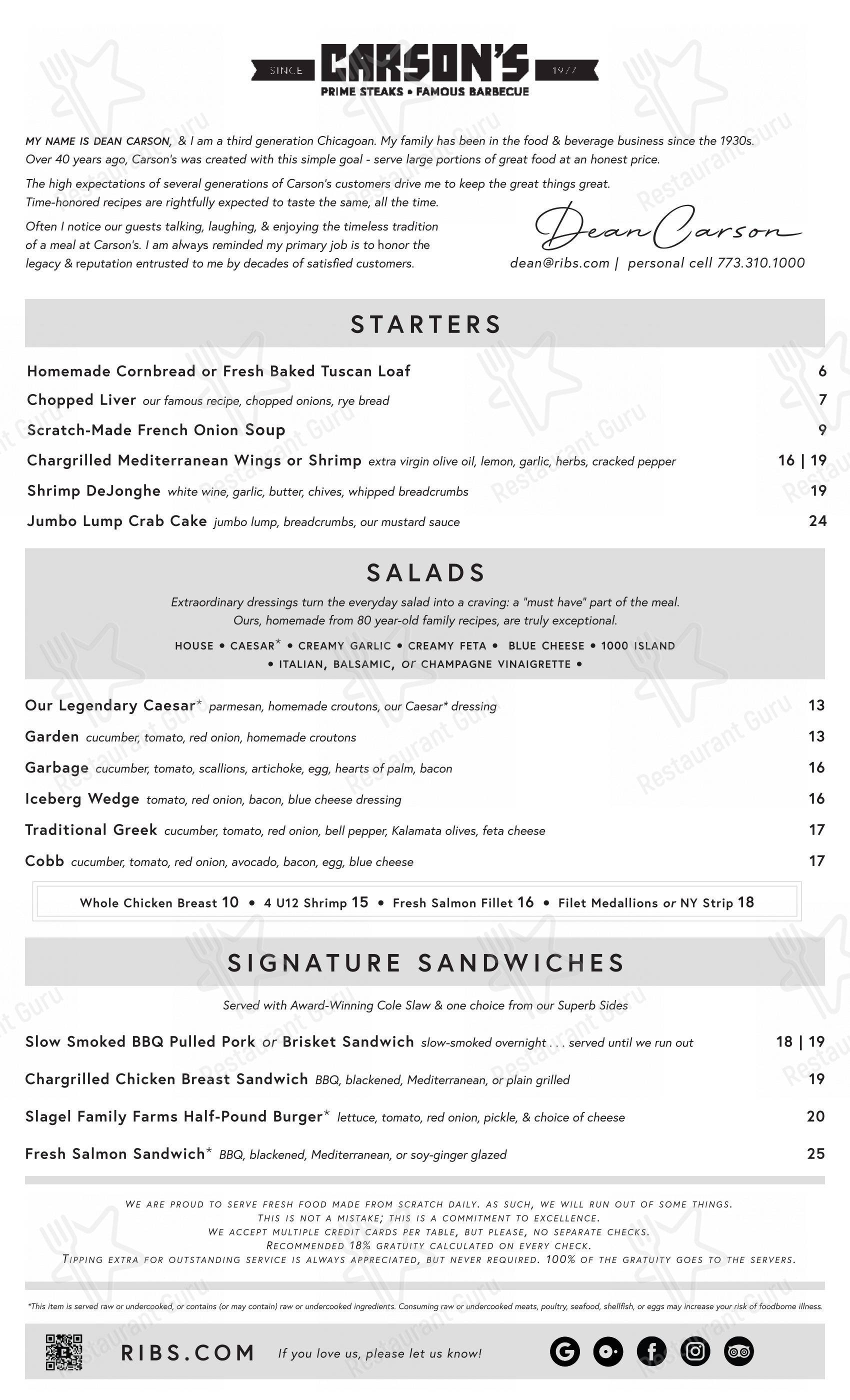 Menu at Carson's Prime Steaks & Famous Barbecue of Deerfield, Deerfield