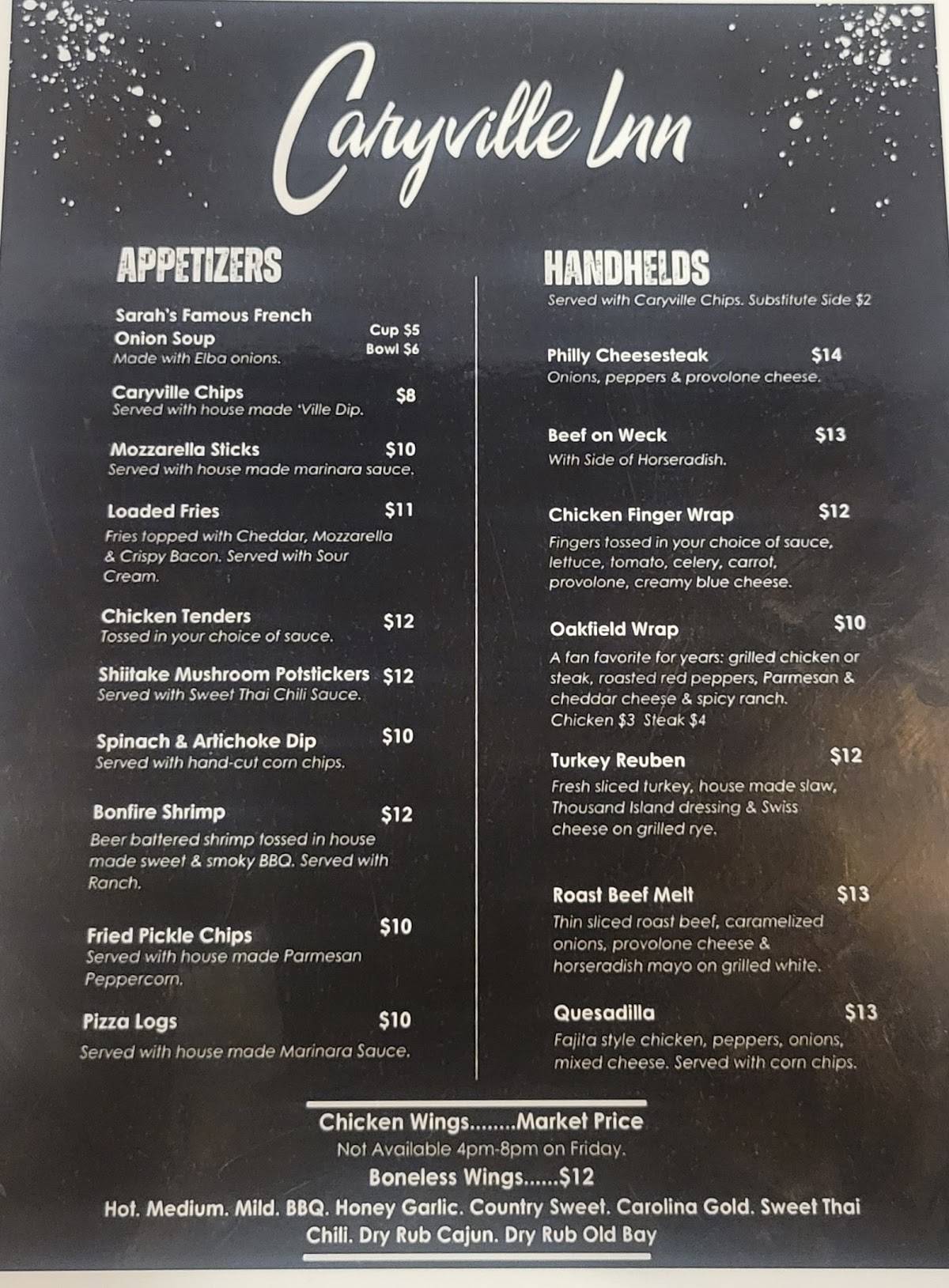 Menu at Caryville Inn restaurant, Oakfield