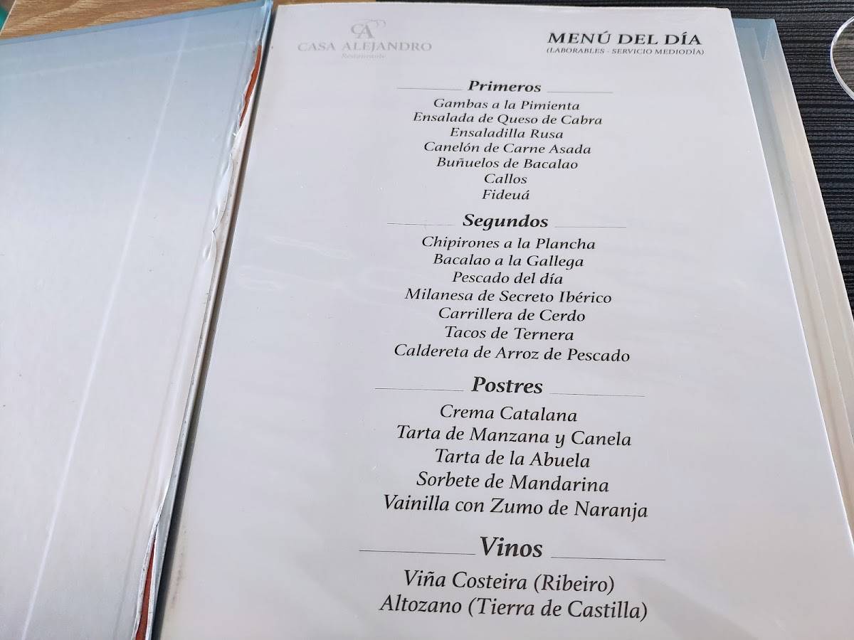 Carta de Restaurante Casa Alejandro, La Coruña