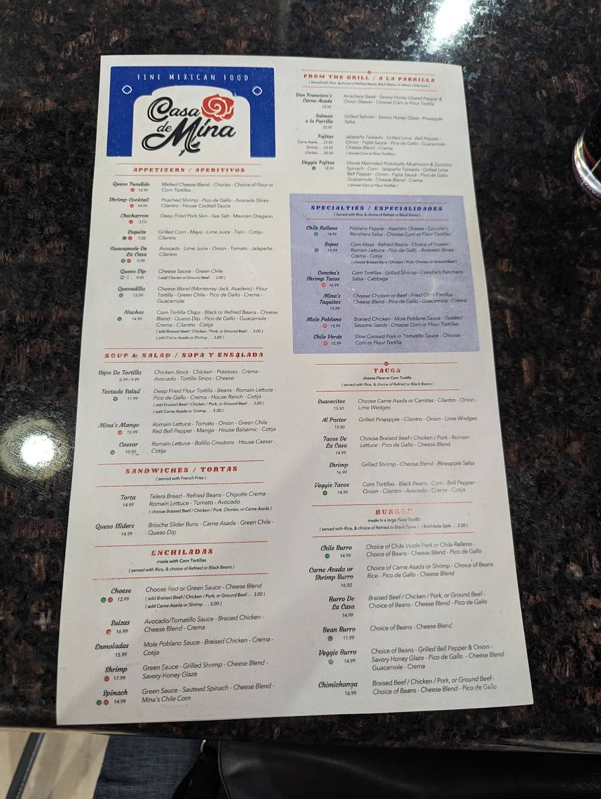 Menu at Casa De Mina restaurant, Queen Creek