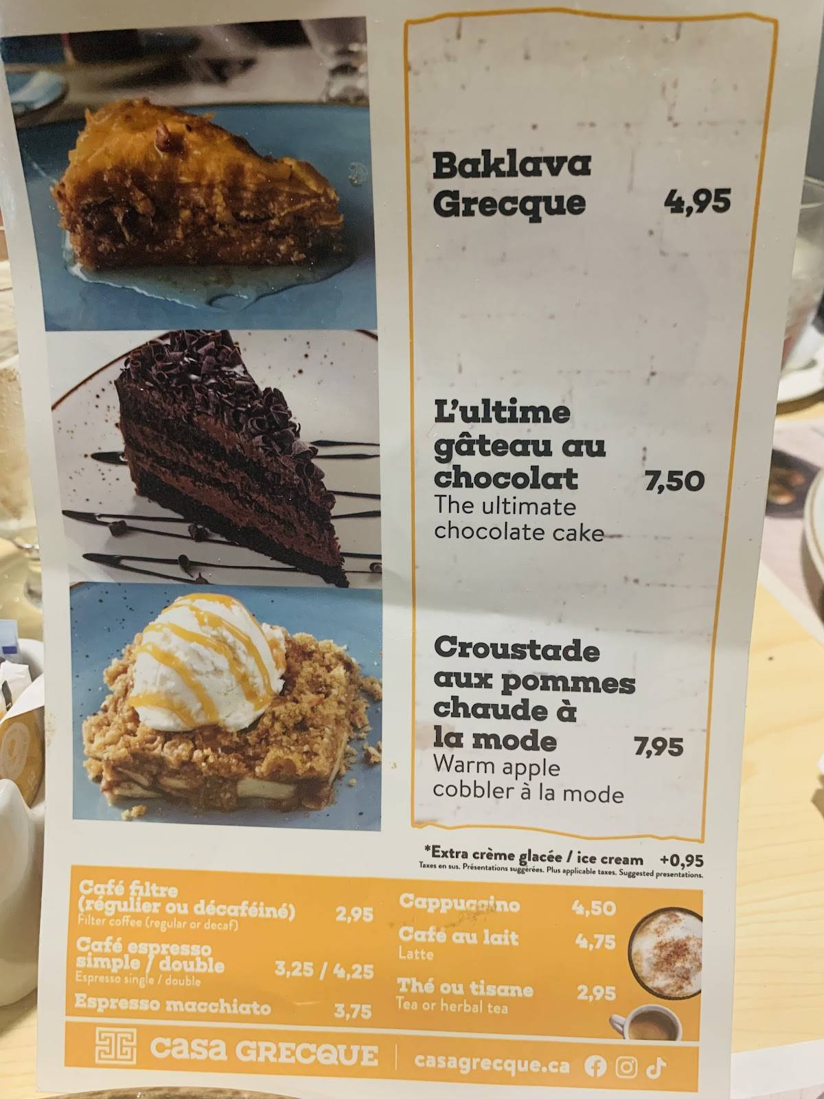 Menu au Casa Grecque restaurant, Saint-Jérôme
