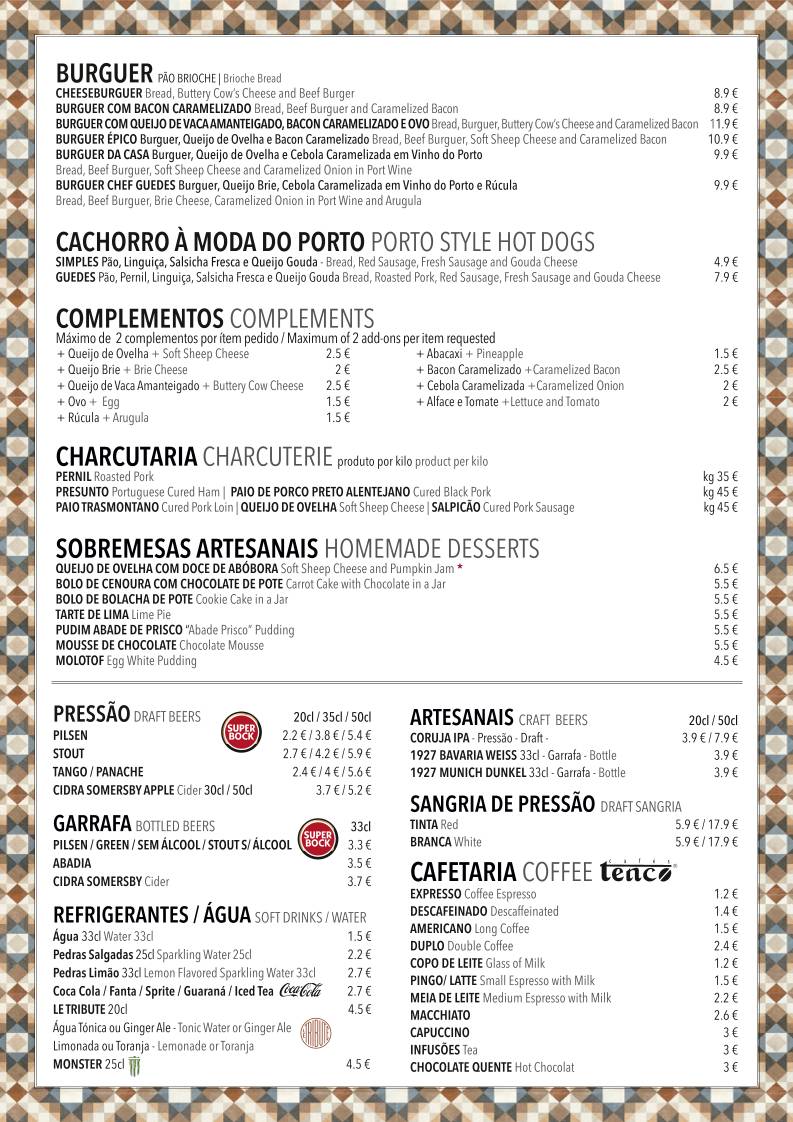 Menu at Casa Guedes Tradicional restaurant, Porto