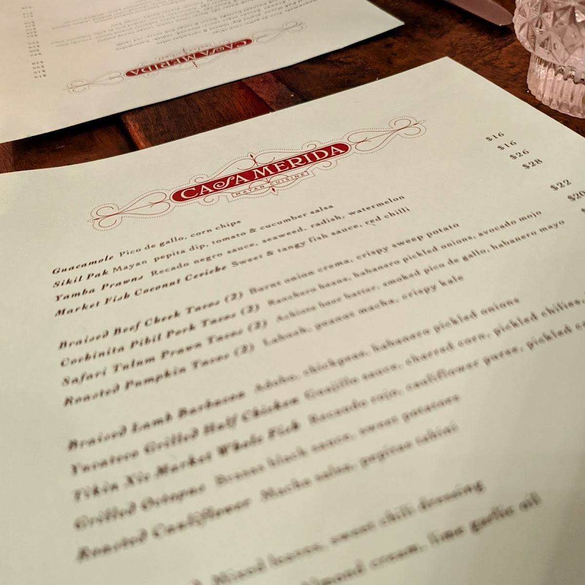 Menu at Casa Merida restaurant, Potts Point