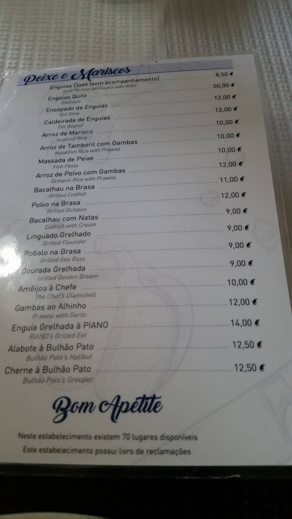 Menu em Casa Piano restaurante, Cabanas de Viriato