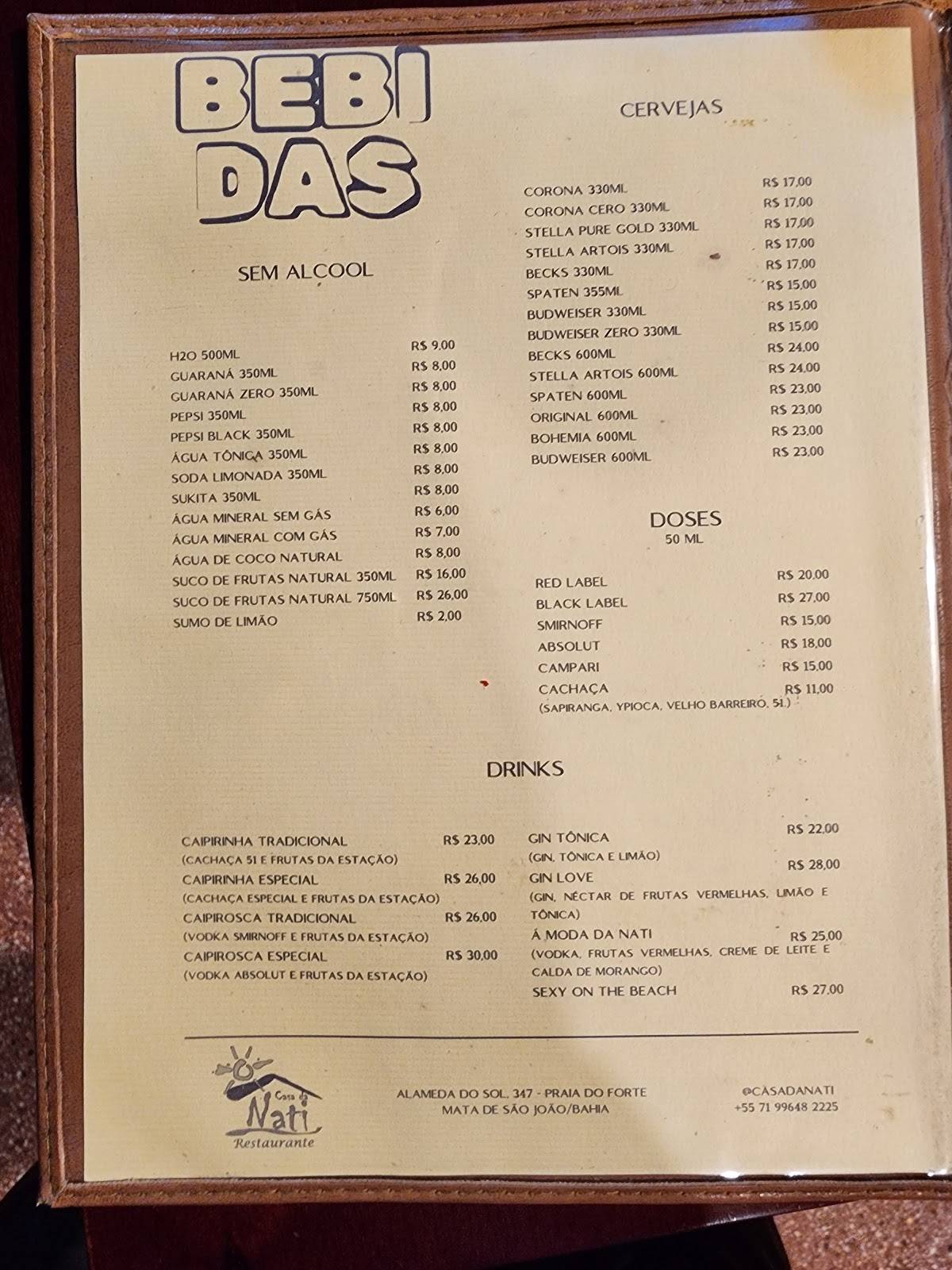Menu em Casa da Nati restaurante, Praia do Forte