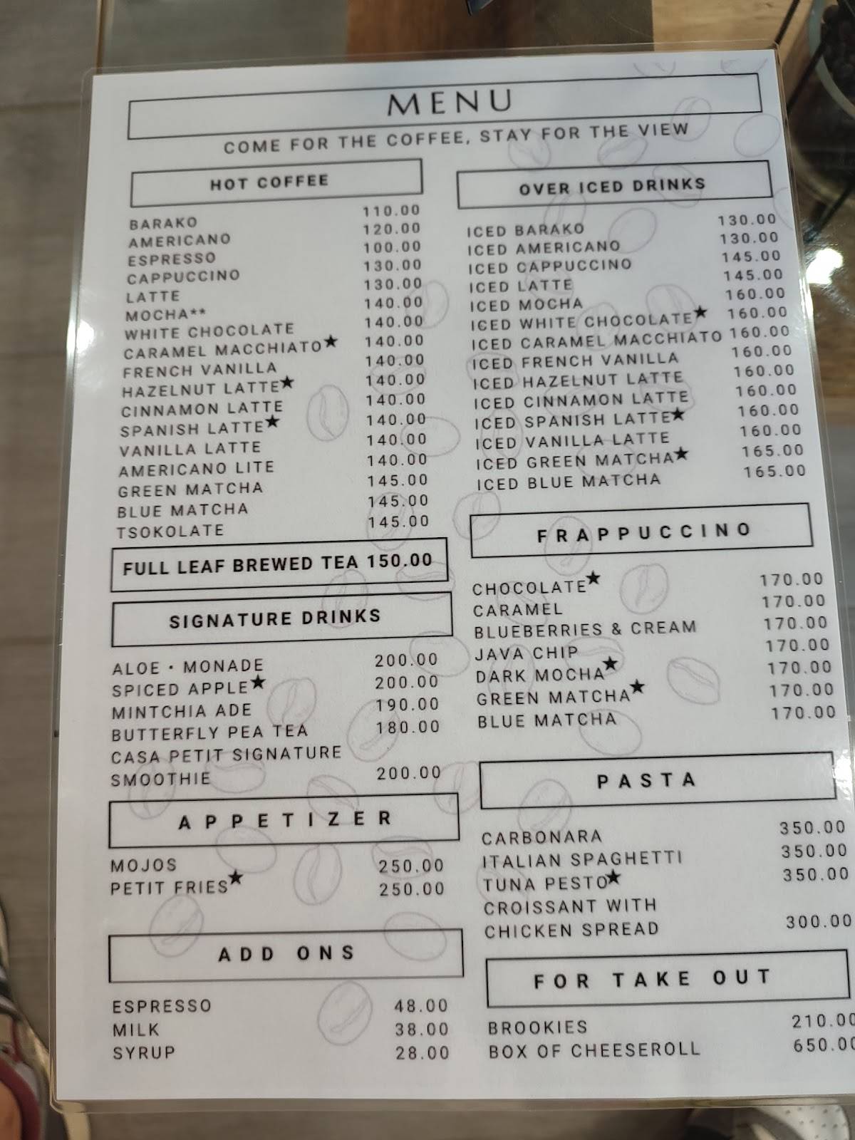 Menu at Casapetit Café, Mataas Na Kahoy