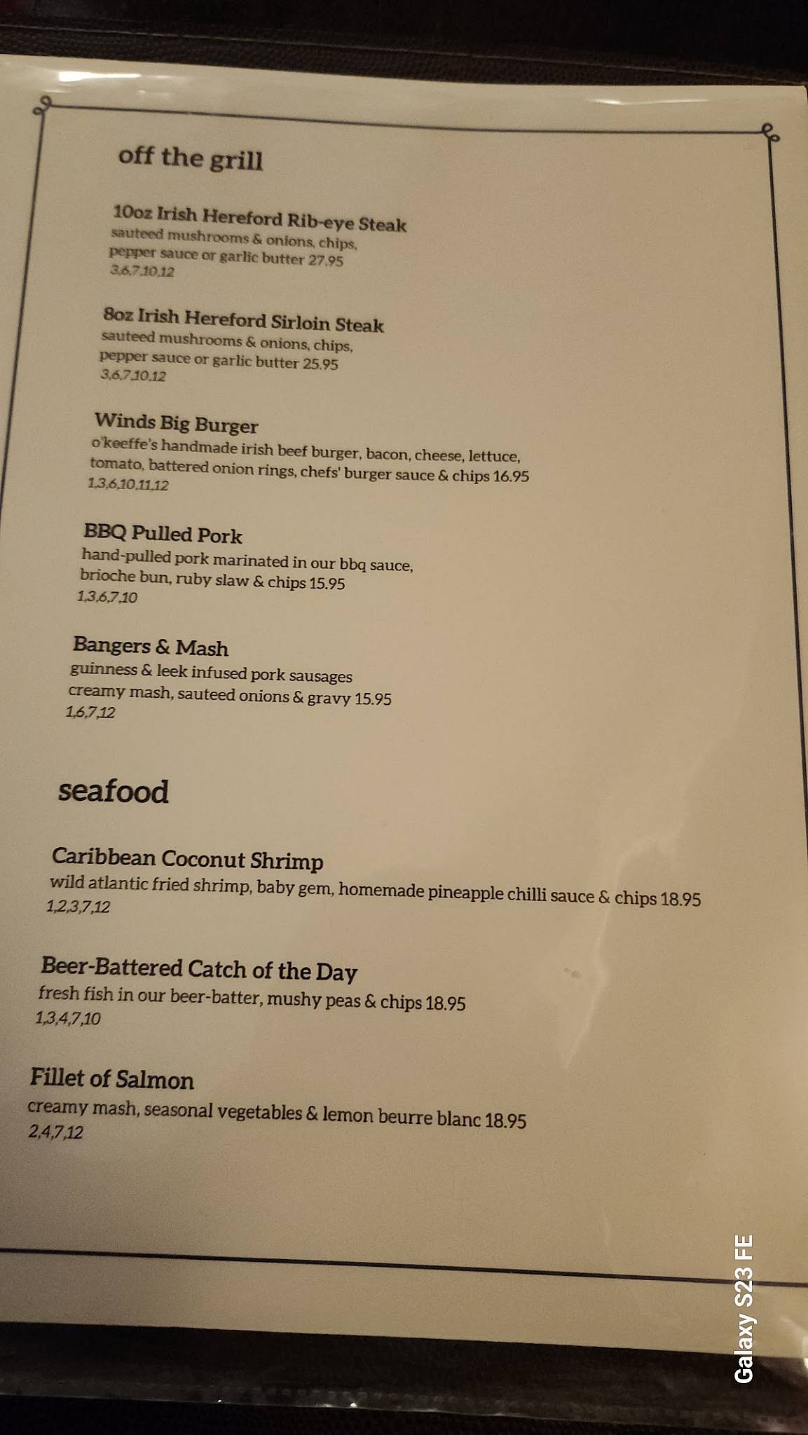 Menu at Cascada Restaurant, Ireland