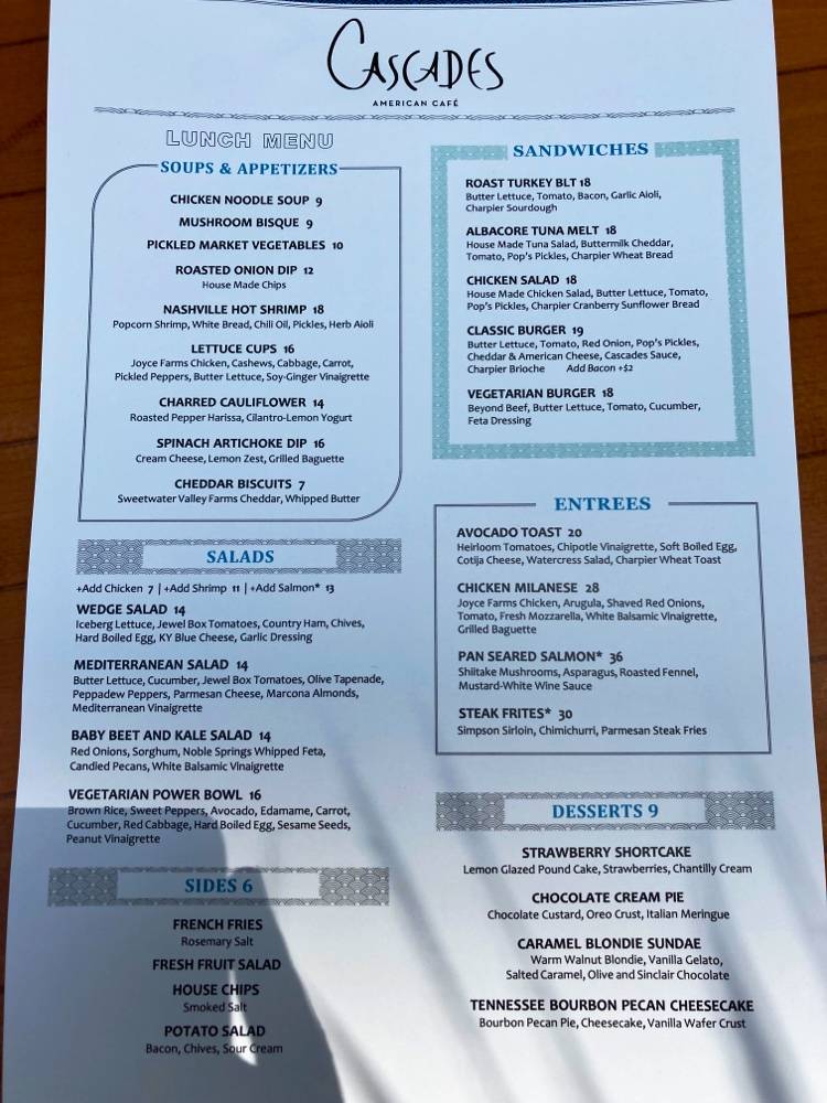 Menu at Cascades American Cafe, Nashville