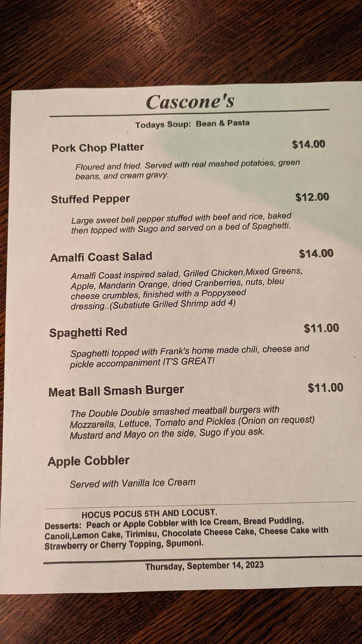 Menu at Cascone's restaurant, Kansas City, N Oak Trafficway