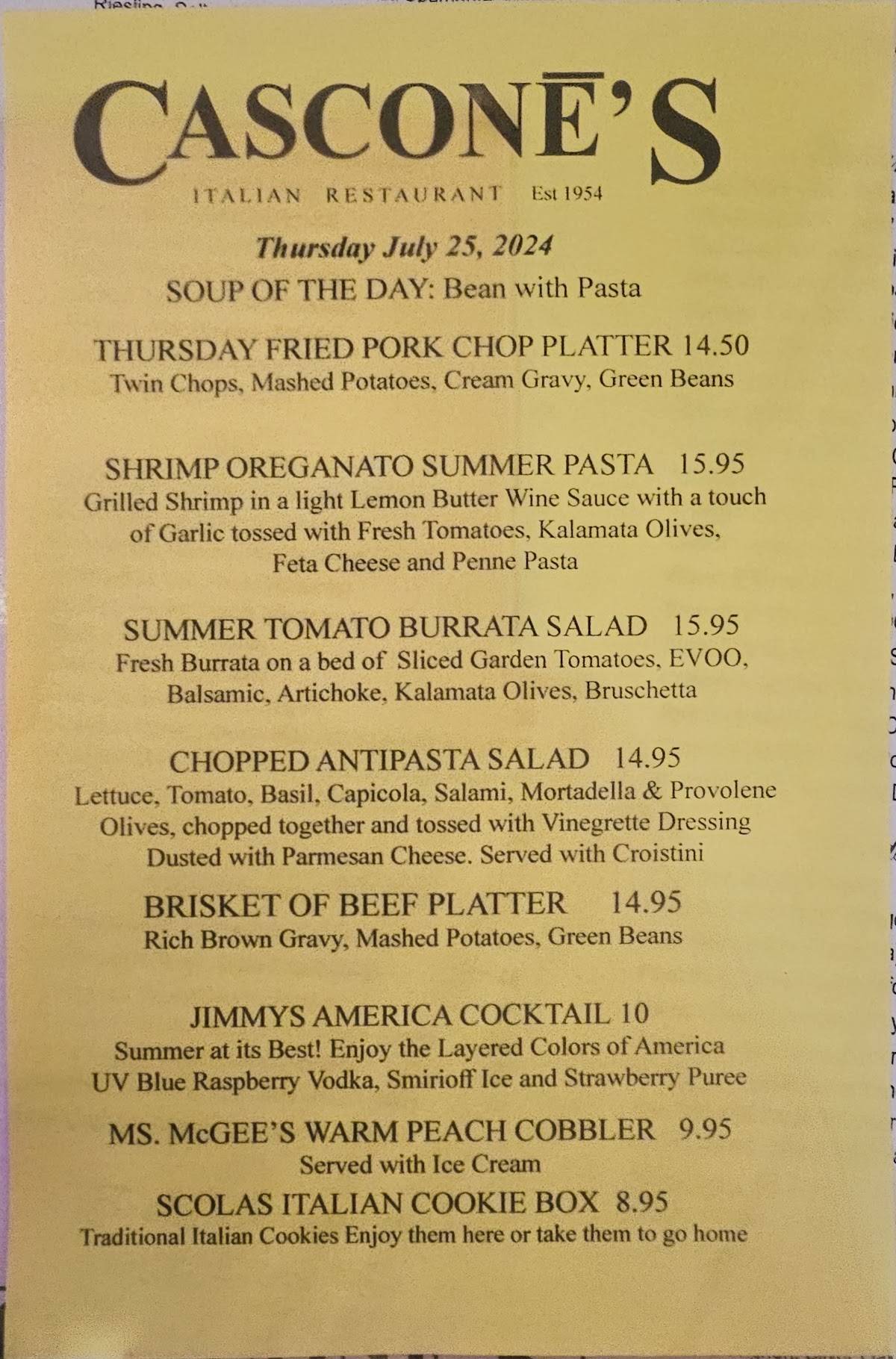 Menu at Cascone's restaurant, Kansas City, N Oak Trafficway
