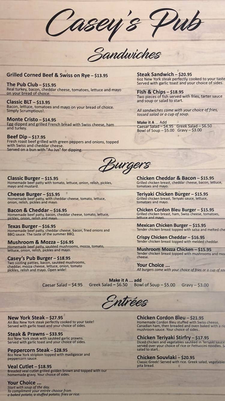 Menu at Casey's Pub, Fort Saint John