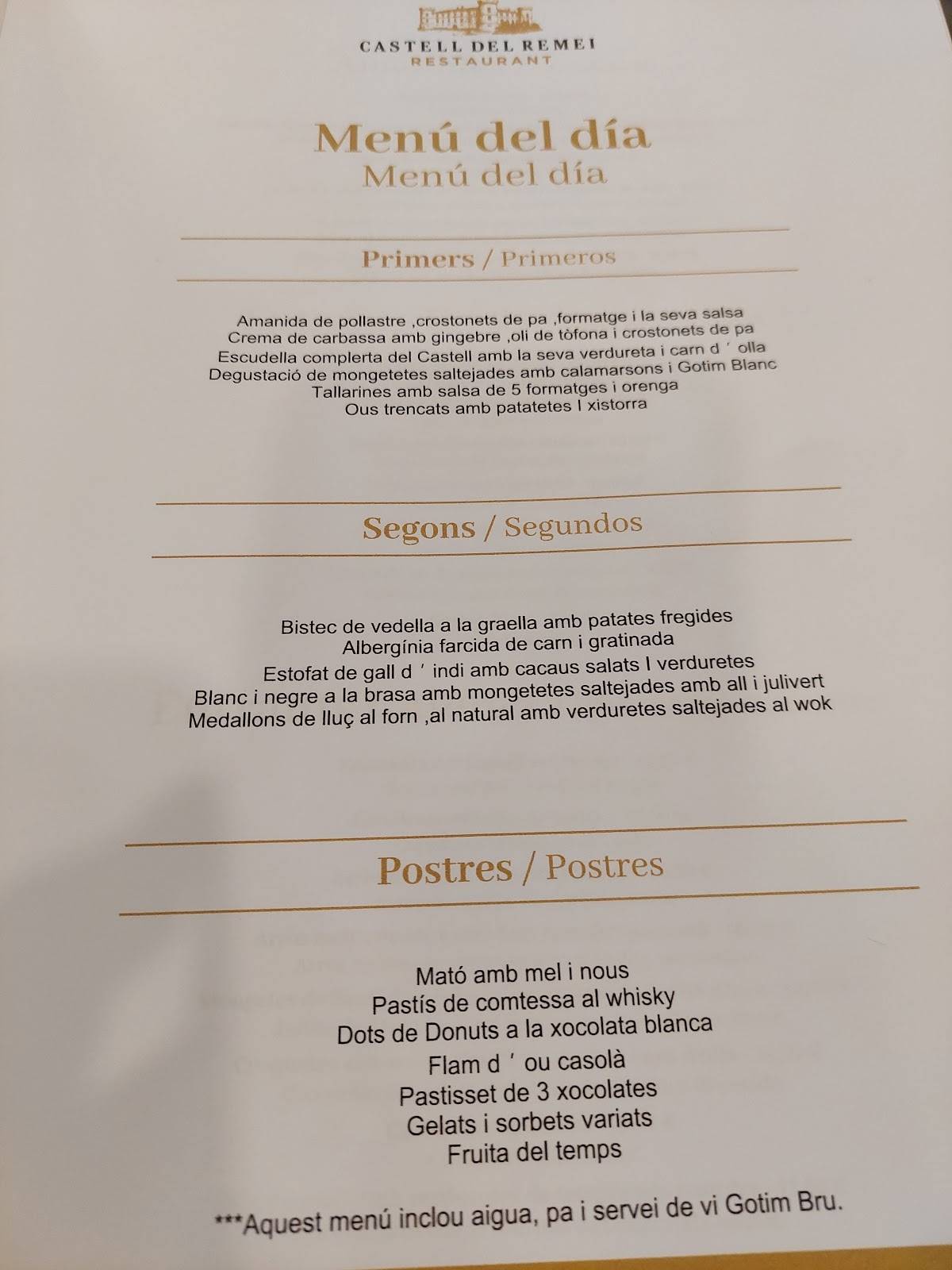 Carta de Restaurant Castell del Remei, Castellserà