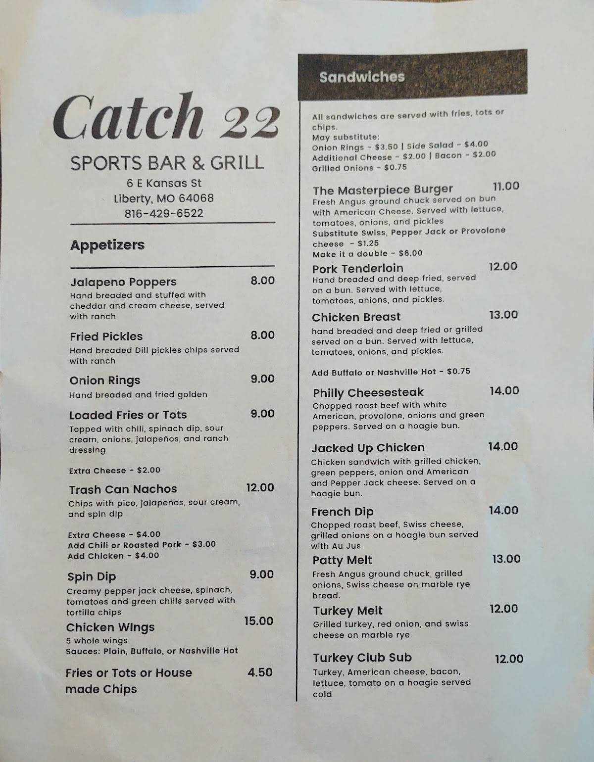 Menu at Catch 22 Sports Bar and Grill, Liberty