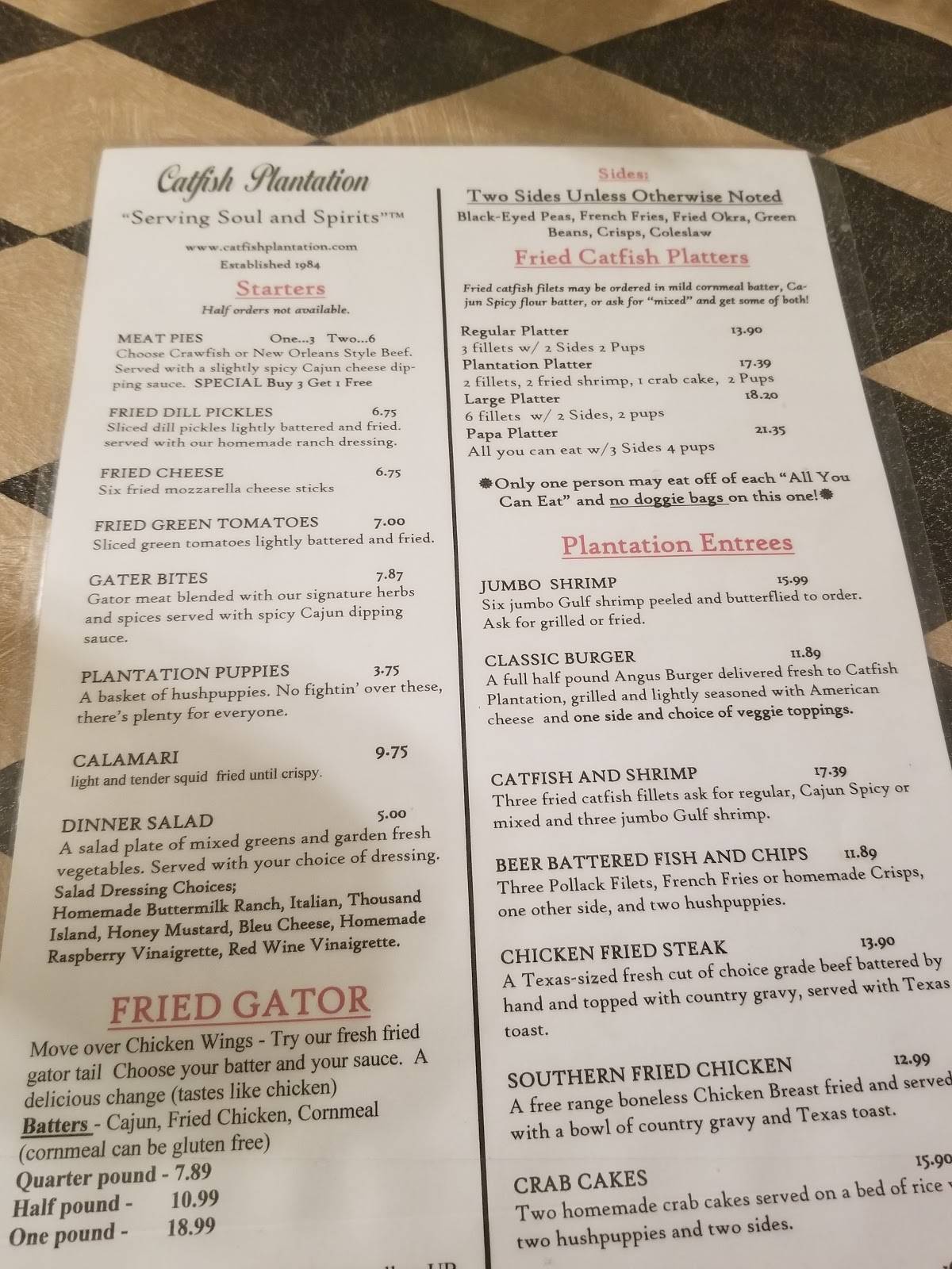 Menu at Catfish Plantation restaurant, Waxahachie