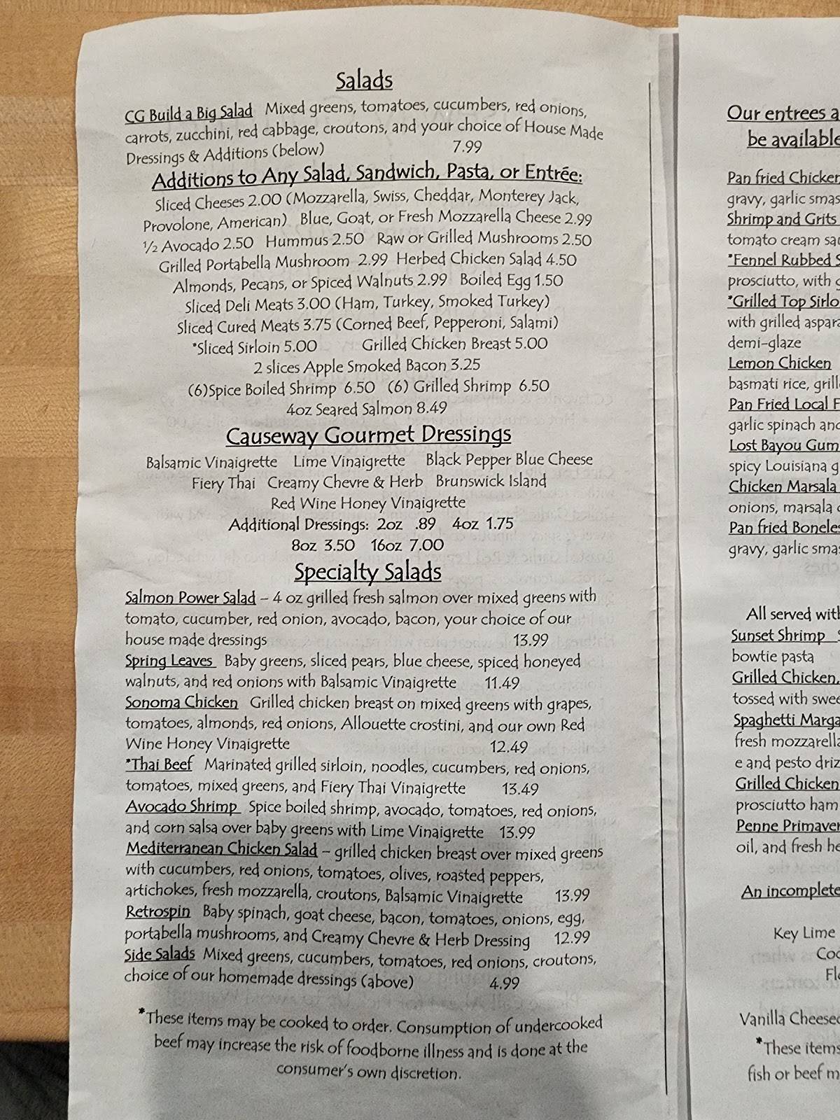 Menu at Causeway Gourmet restaurant, Ocean Isle Beach