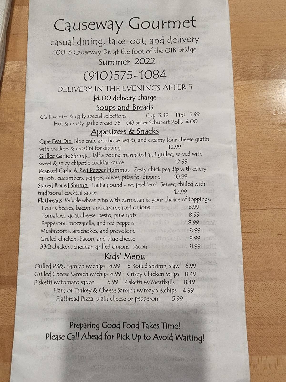 Menu at Causeway Gourmet restaurant, Ocean Isle Beach