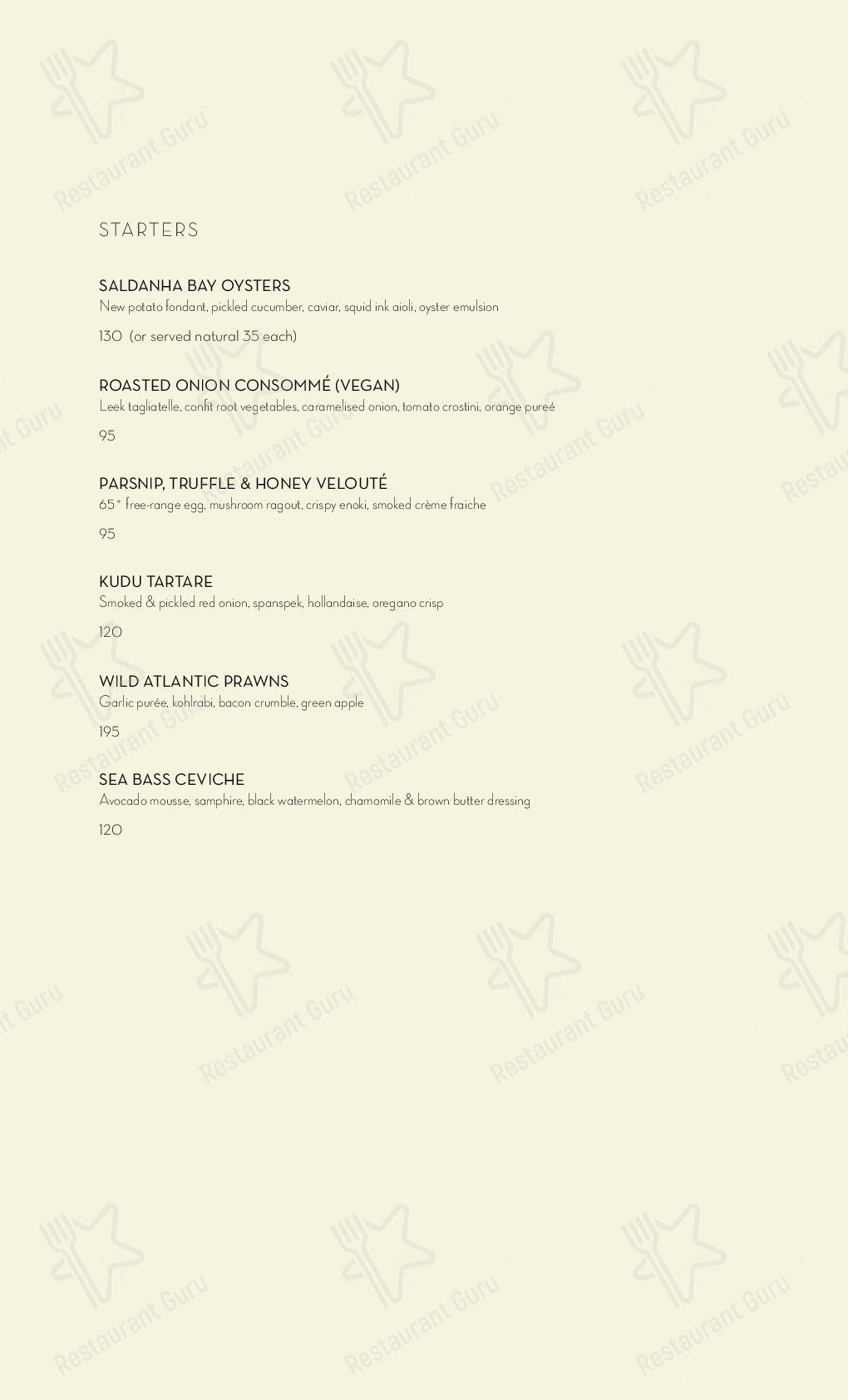 Menu at Cavalli Estate restaurant, Cape Town